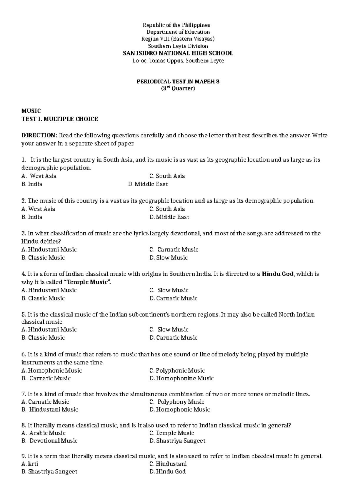 Periodical Test in Mapeh - Republic of the Philippines Department of ...