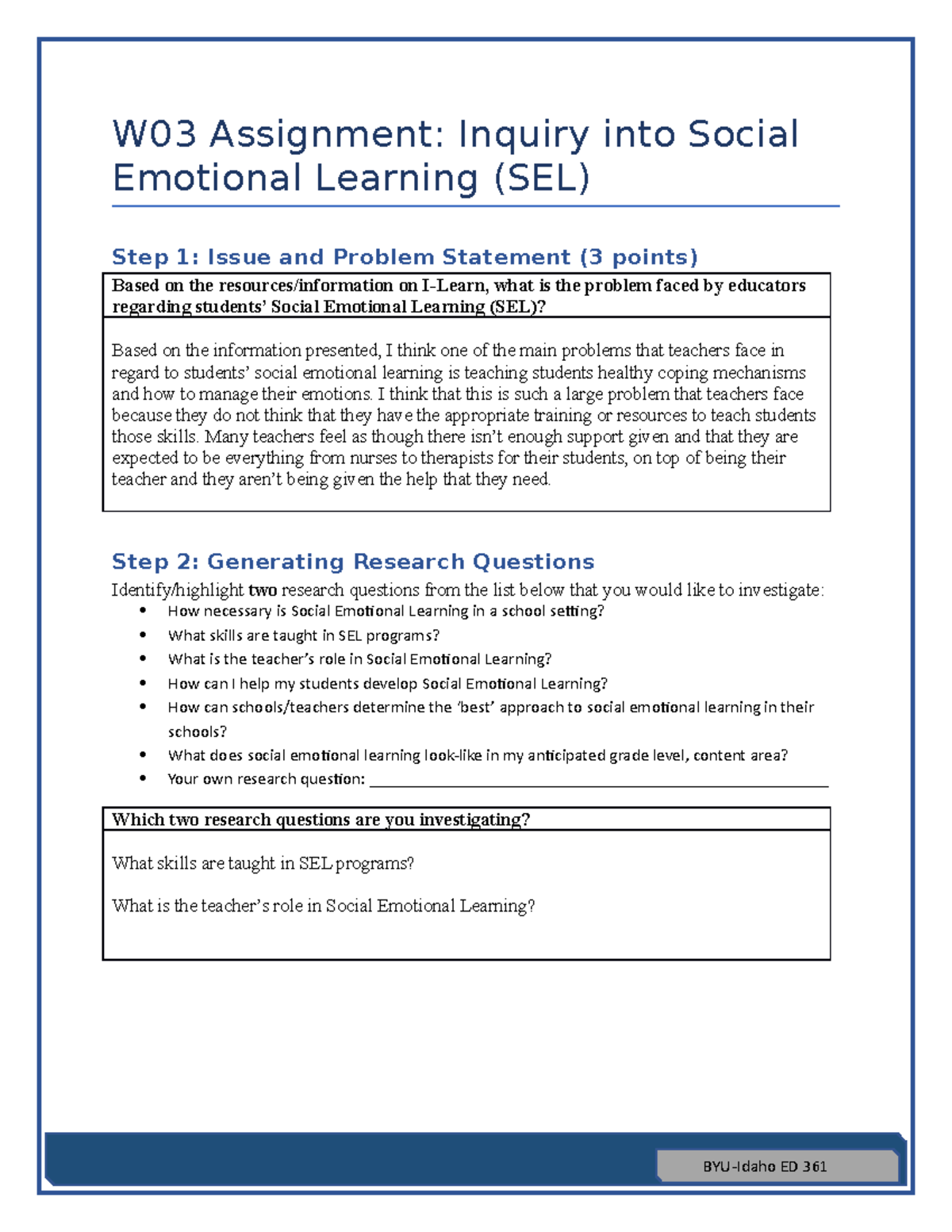W03 SEL Assignment - ed361 - W03 Assignment: Inquiry into Social ...