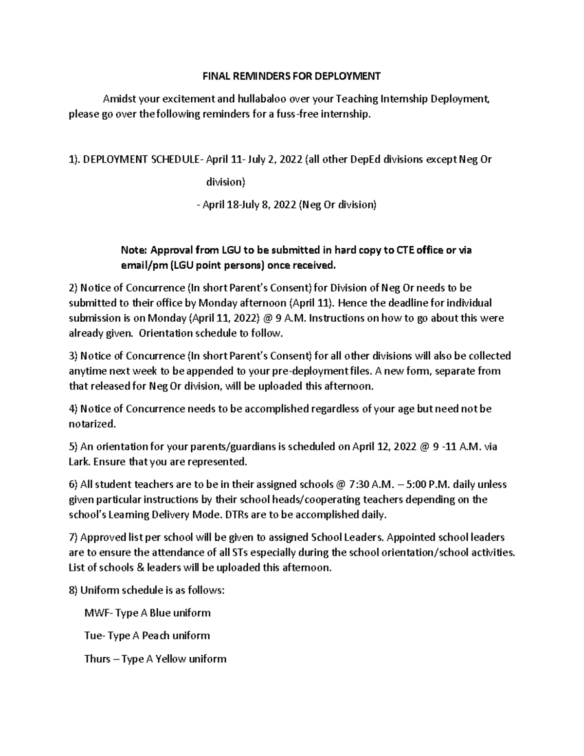 Final Reminders FOR Deployment 22 - FINAL REMINDERS FOR DEPLOYMENT ...