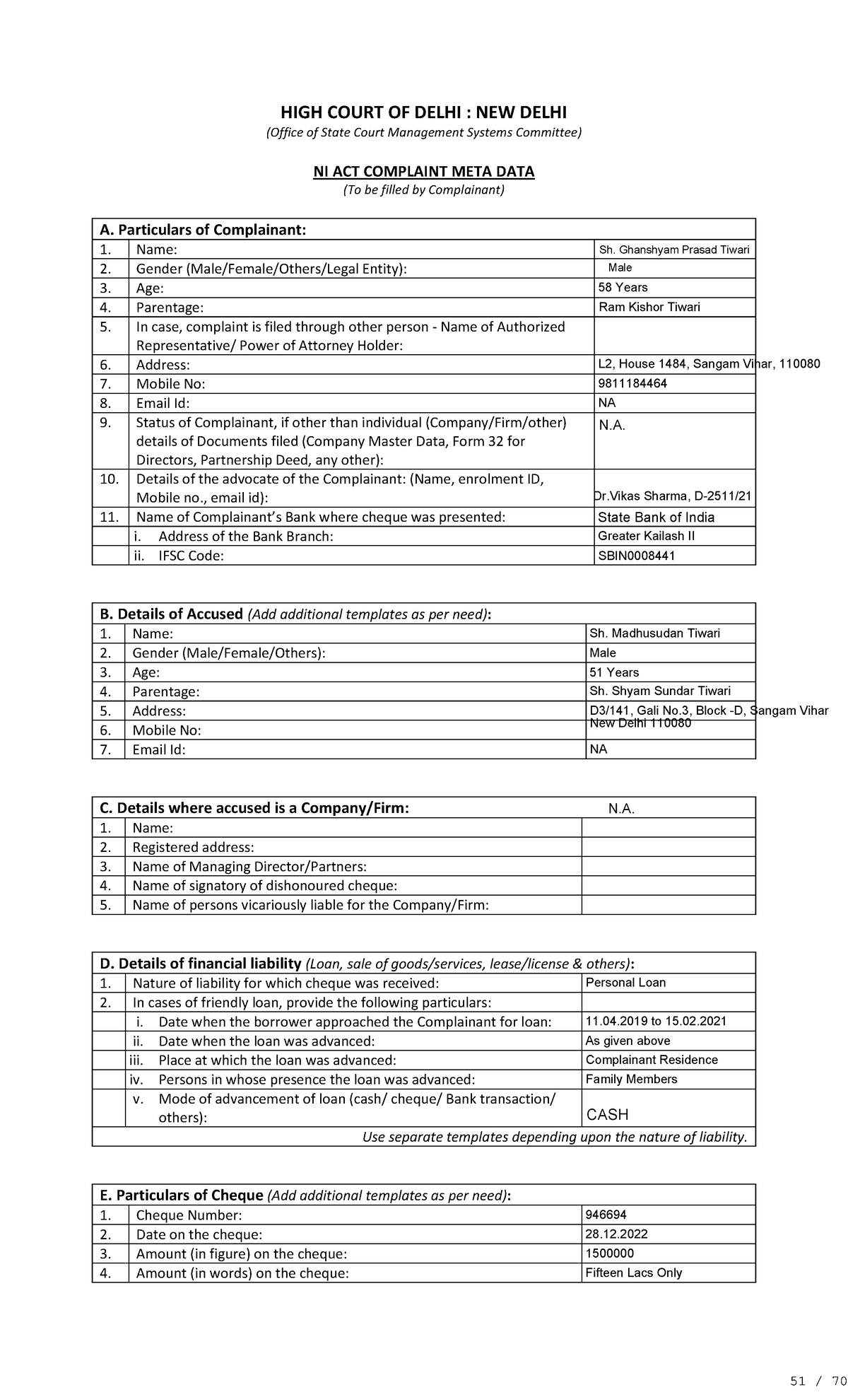 Meta Data Form for Digital Courts NI Act - HIGH COURT OF DELHI : NEW ...