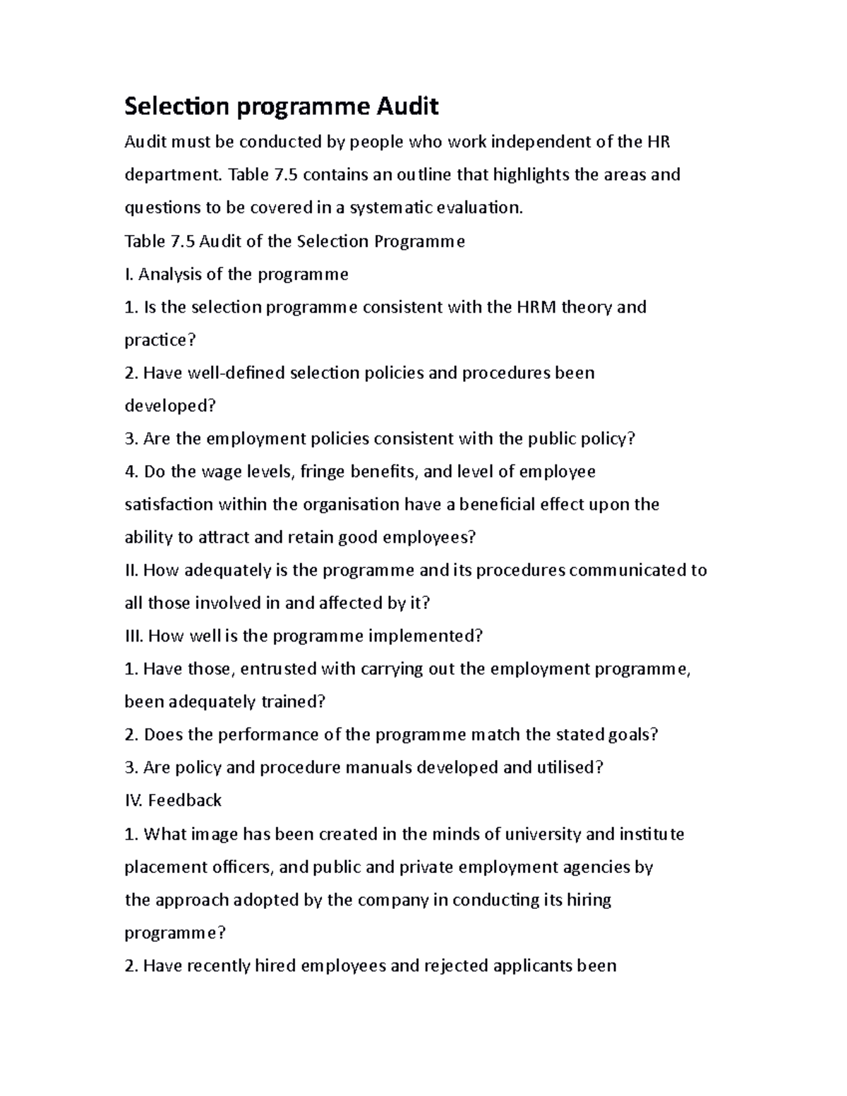 Selection programme Audit notes - Selection programme Audit Audit must ...