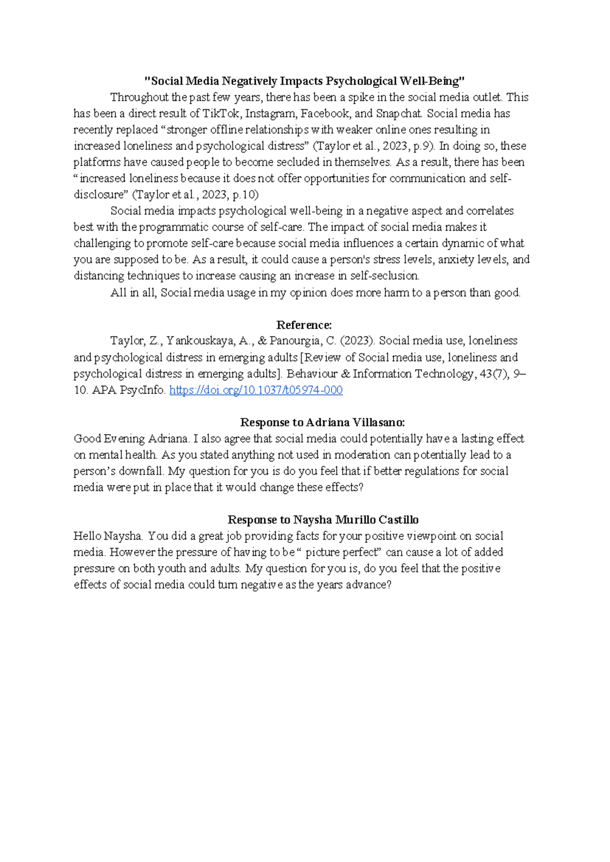 PSY 108 Discussion (Module 6) - "Social Media Negatively Impacts ...