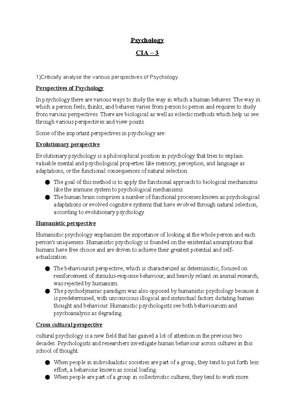 Psychology CIA 3 Critically Analyse Various Perspectives Of psychology-cia-3-critically-analyse-various-perspectives-of