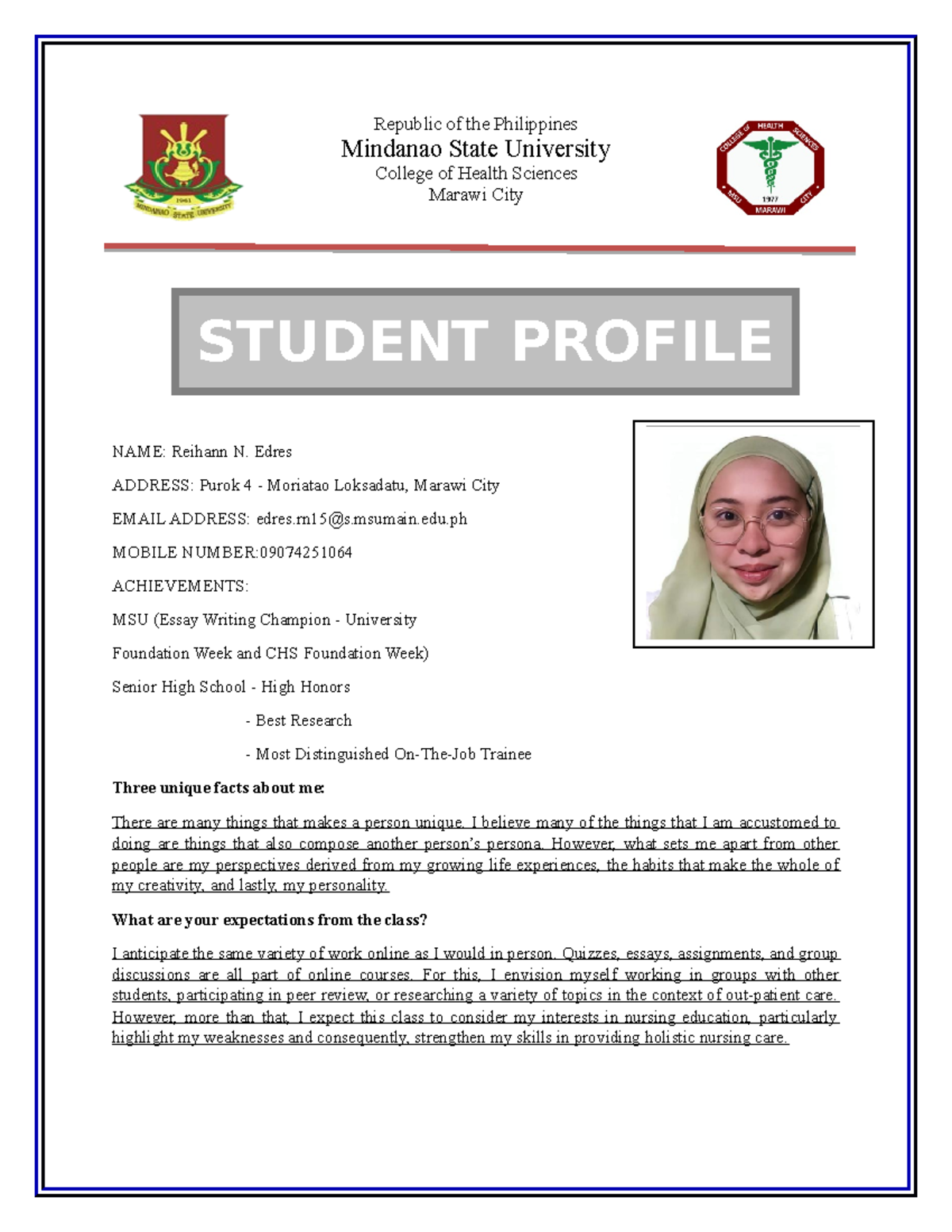 Student Profile of Reihann - Republic of the Philippines Mindanao State ...