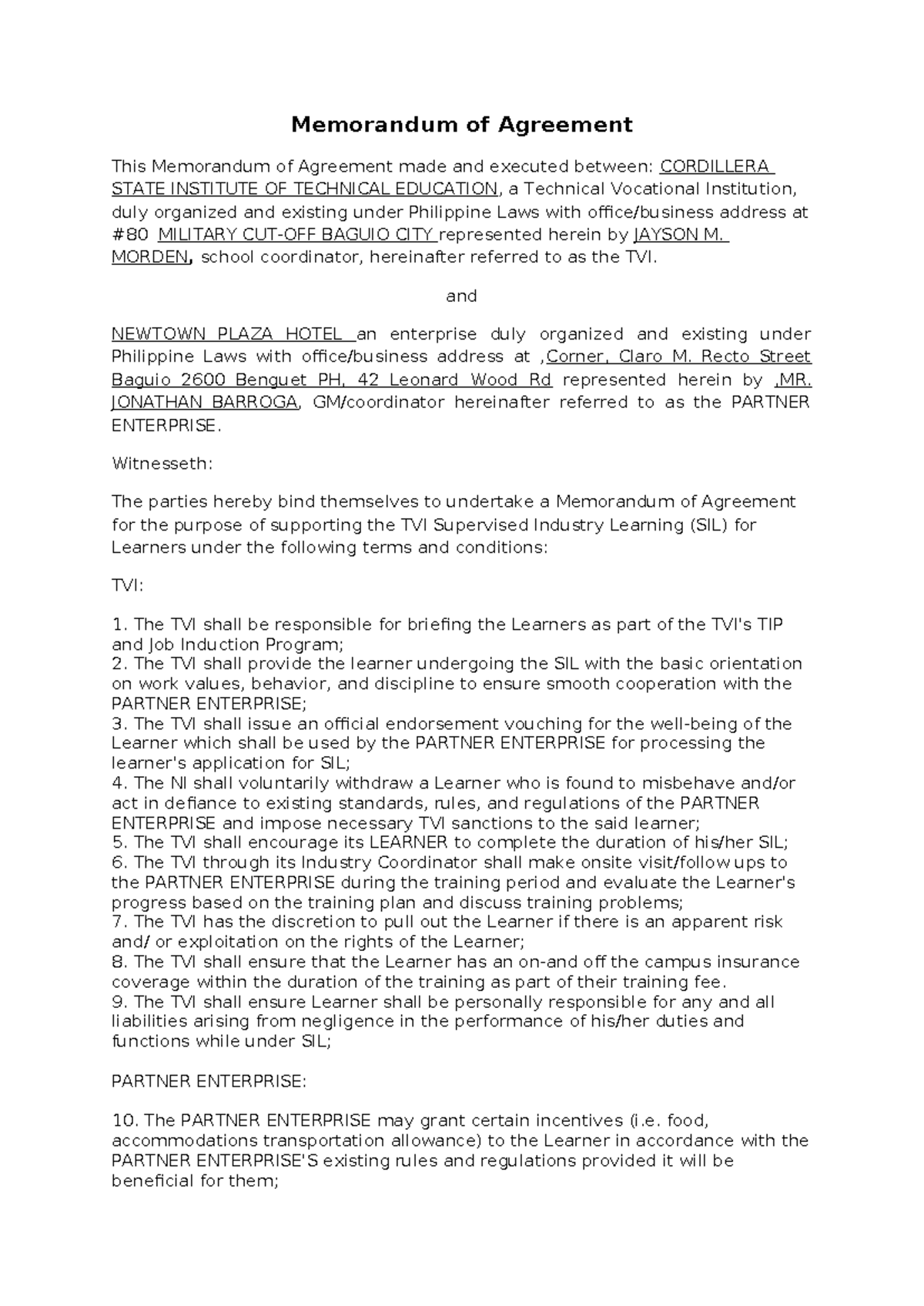 MOA - HOUSEKEEPING - Memorandum of Agreement This Memorandum of ...