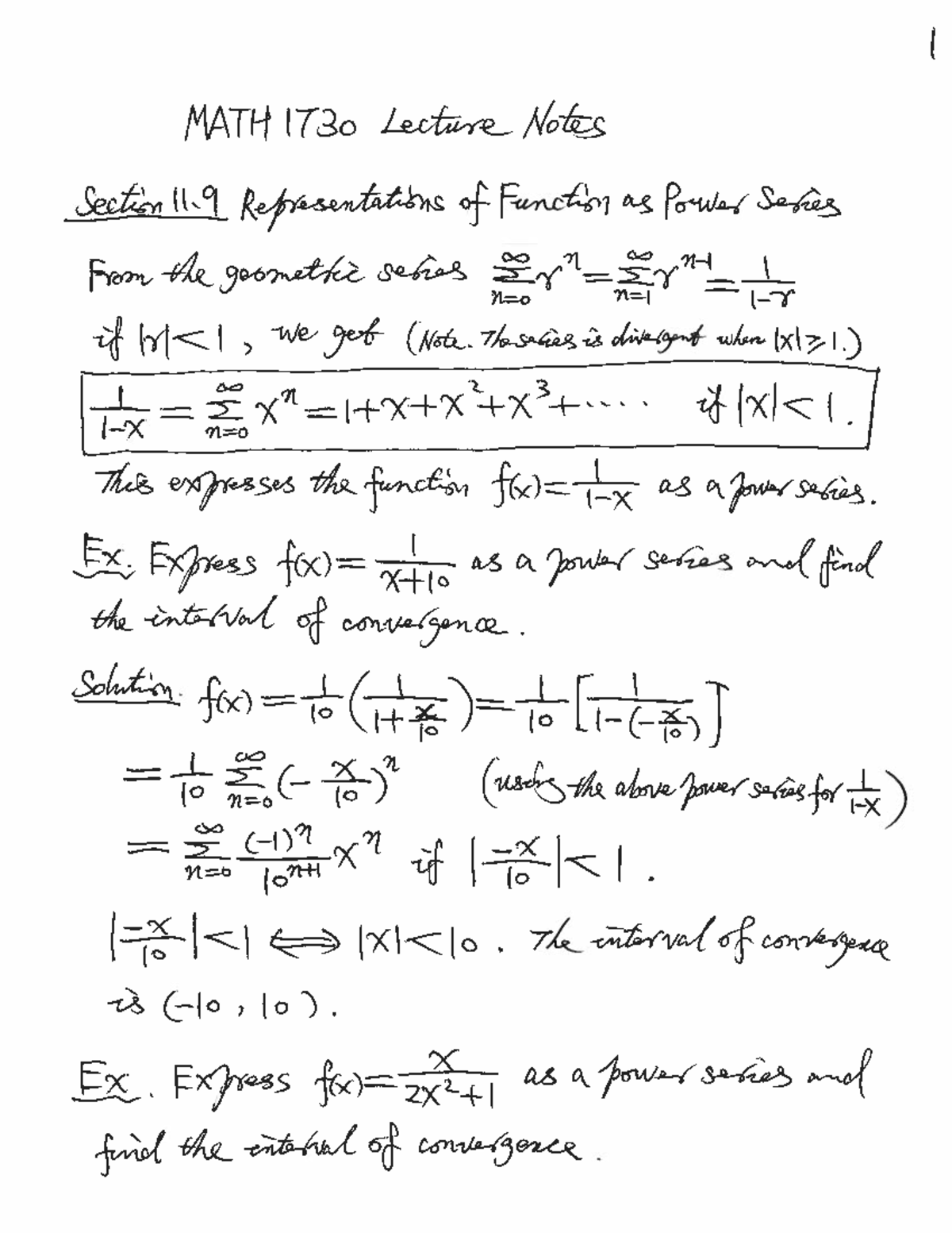 Notes11 Lecture Notes Math 1730 Lecture Notes Section 11 Representations Of Function As