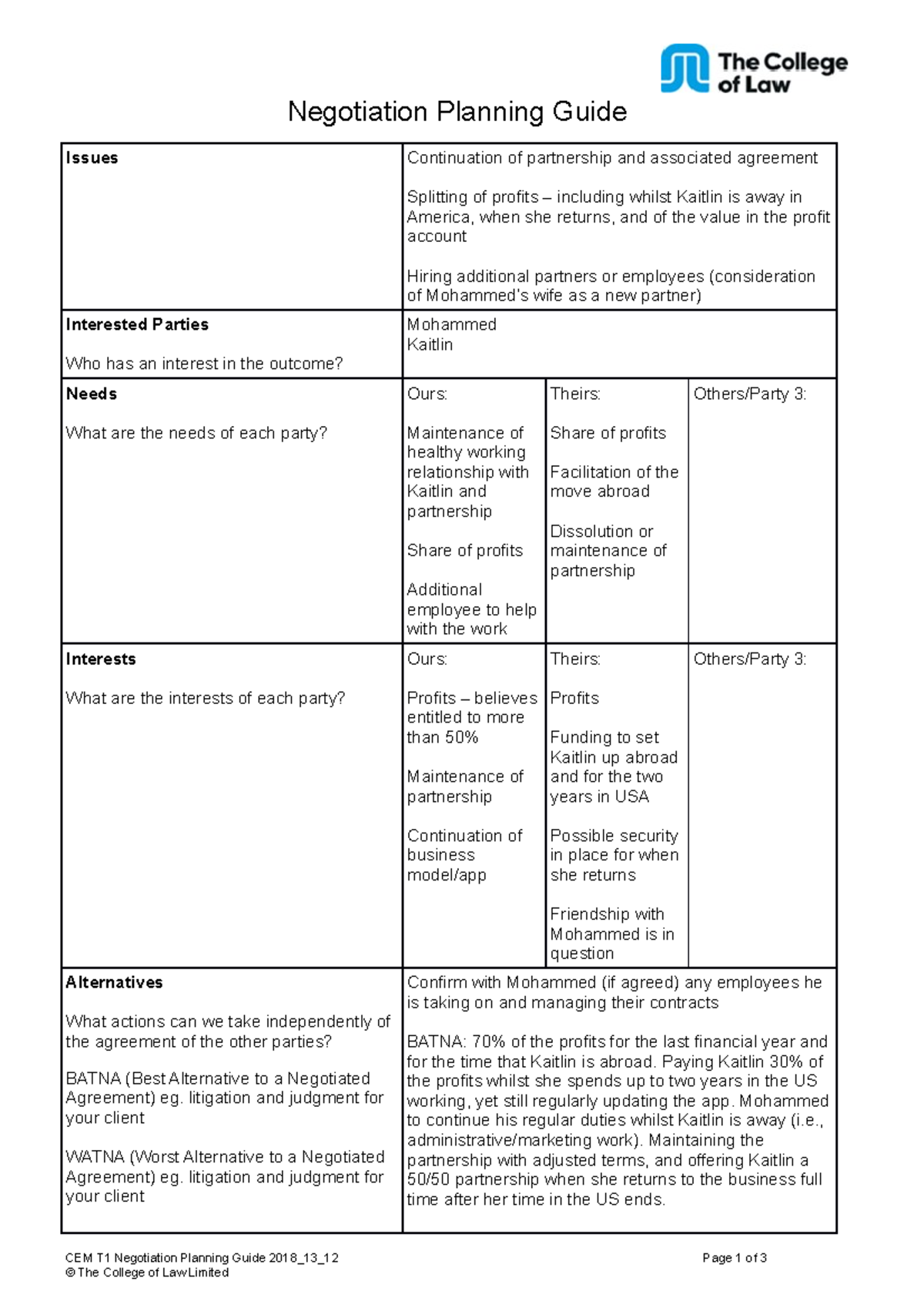 1.3 - CEM Assignment Negotiation Planning Guide - Negotiation Planning ...