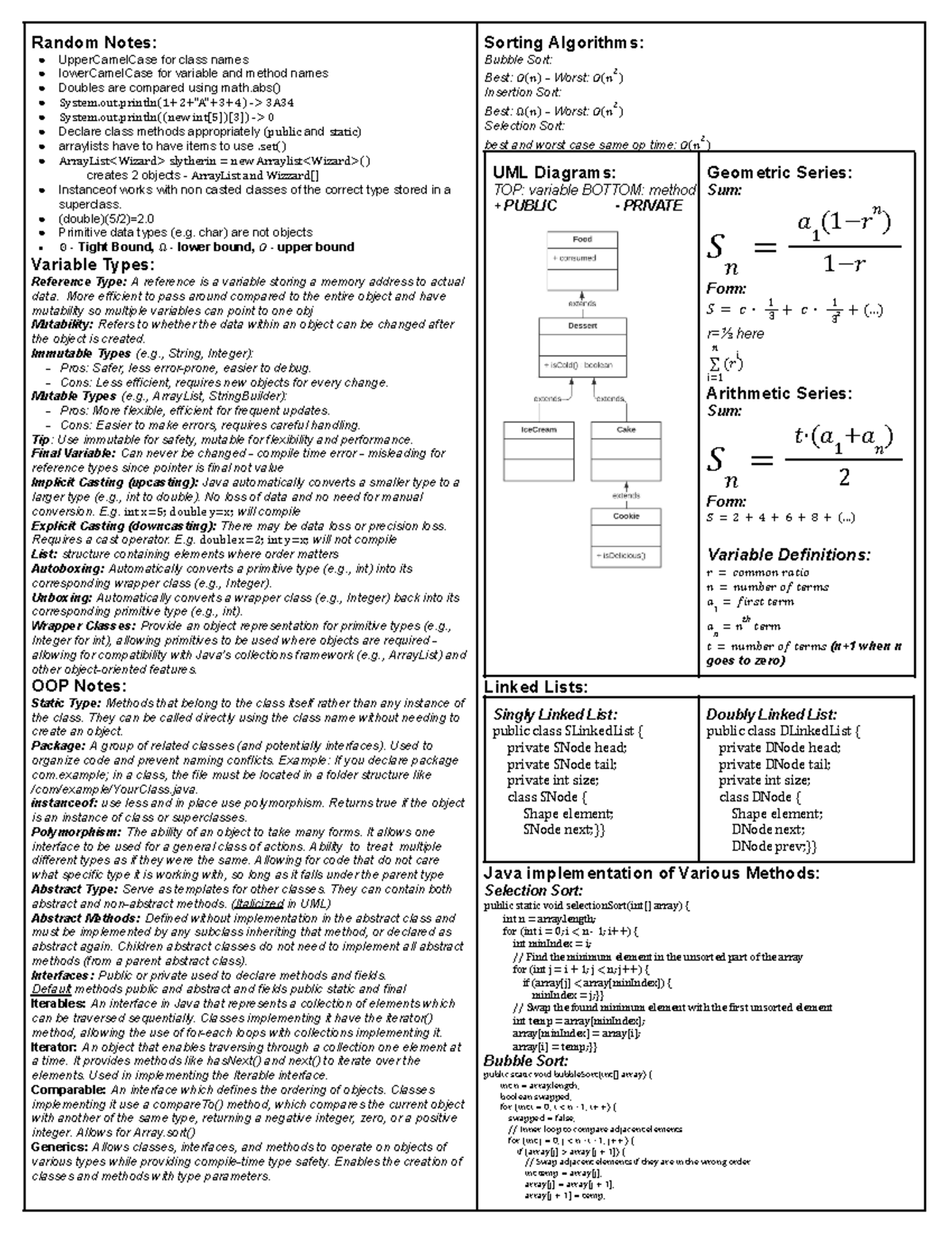 COMP250 Cheat Sheet - Random Notes: UpperCamelCase for class names ...