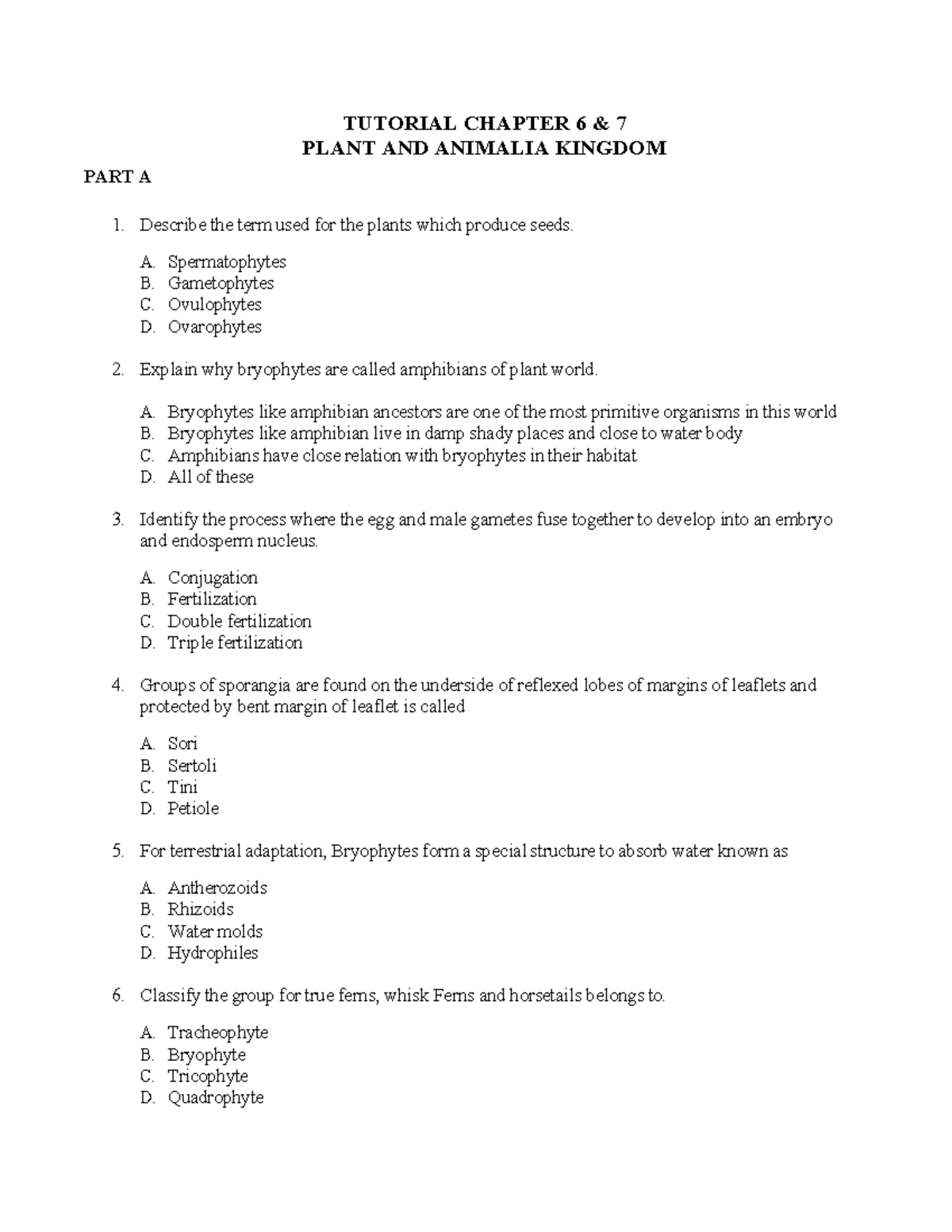 Tutorial Chapter 6&7 - Plantae AND Animalia Kingdom - TUTORIAL CHAPTER ...