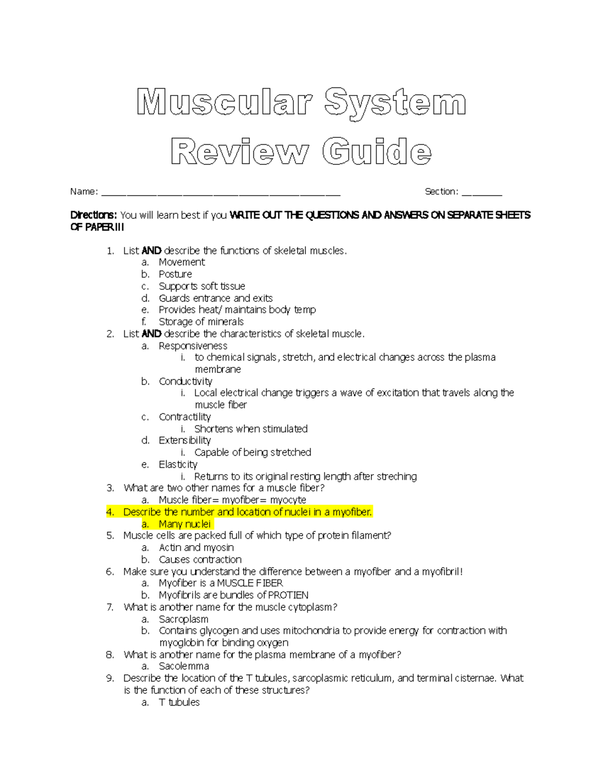 9 Muscular System Review Guide V2mw - Name
