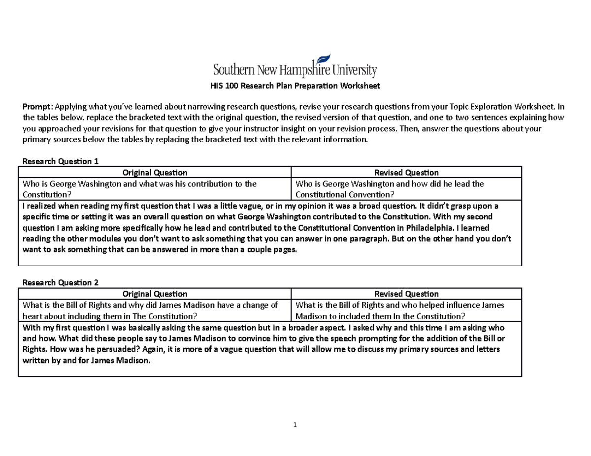HIS 100 Research Plan Preparation Worksheet - HIS 100 Research Plan ...
