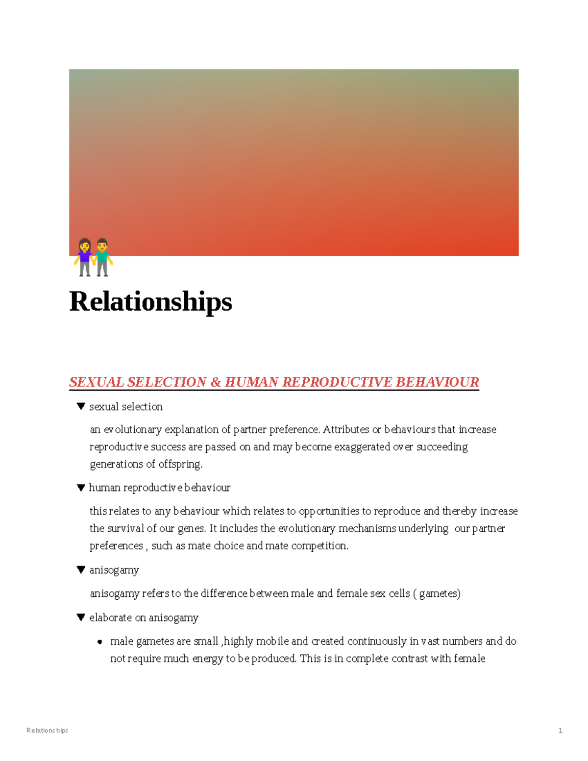 Relationships Notes - 👫 Relationships SEXUAL SELECTION & HUMAN ...