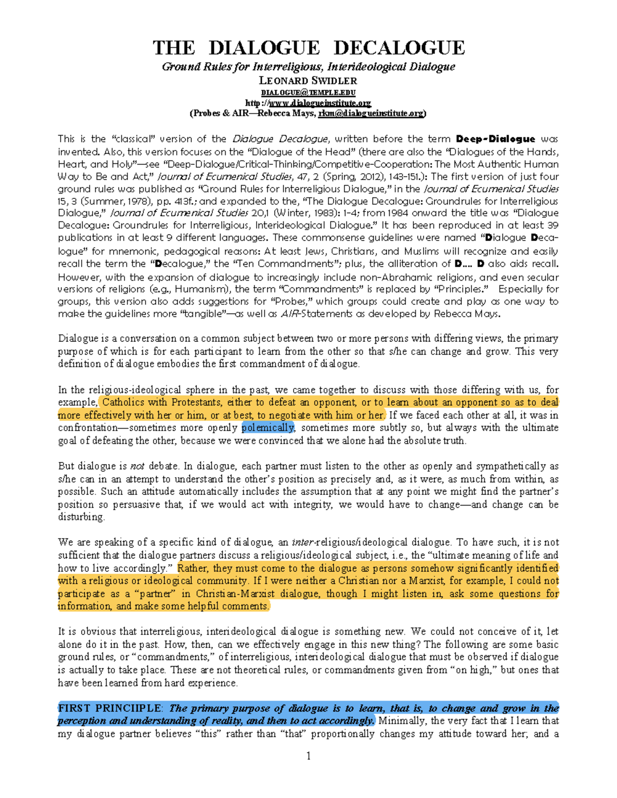 Dialogue- Decalogue - Highlighted notes - 1 THE DIALOGUE DECALOGUE ...