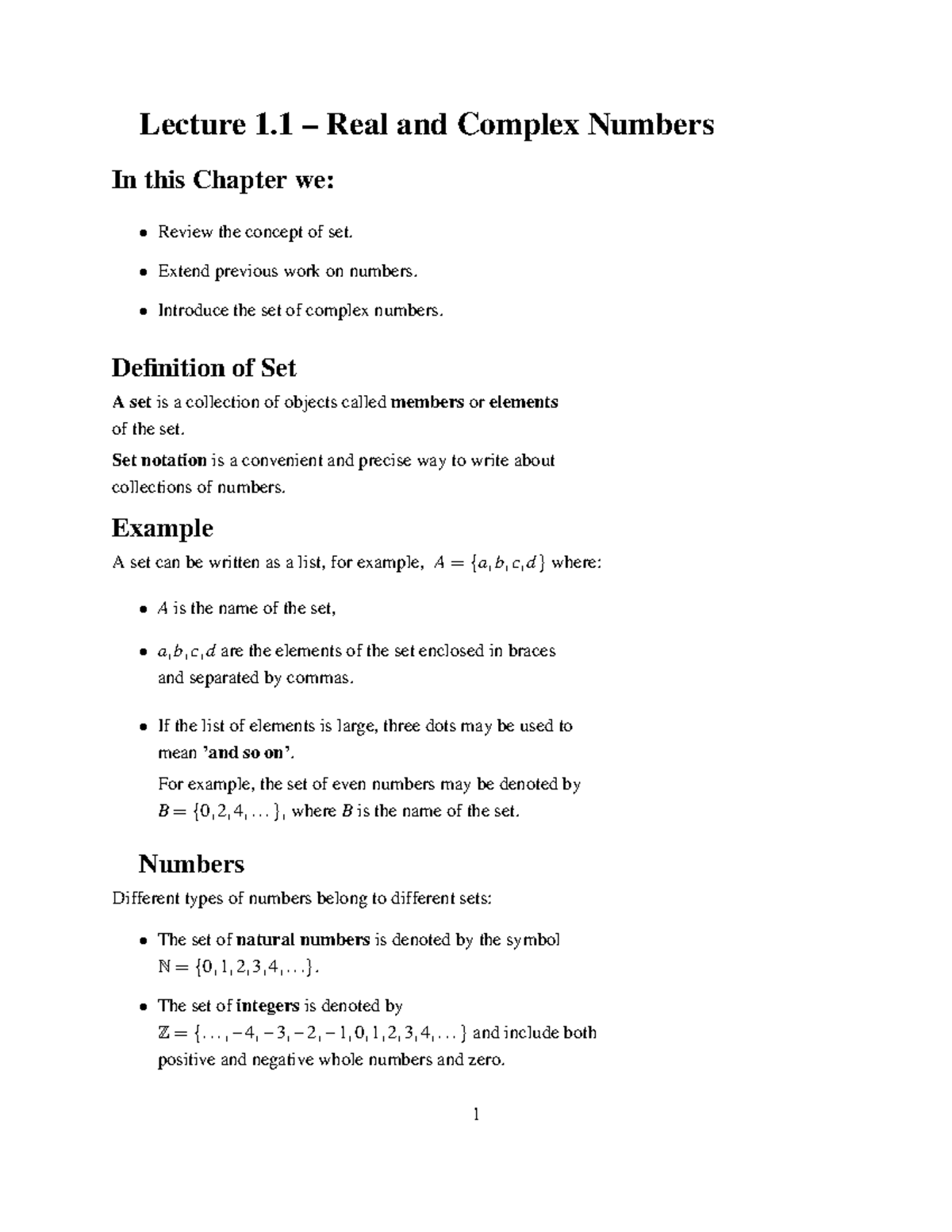 Lecture 1 1 Handout - Lecture 1 – Real and Complex Numbers In this ...