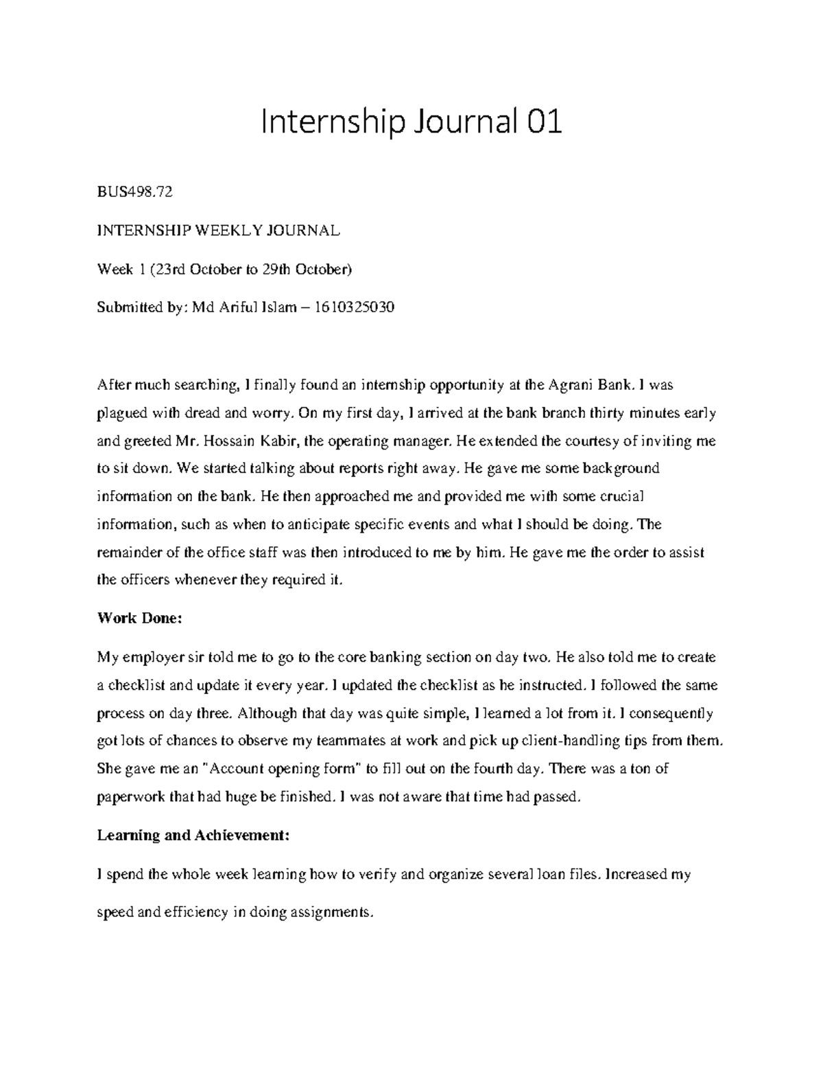 Internship Journal 01 - INTERNSHIP WEEKLY JOURNAL Week 1 (23rd October ...