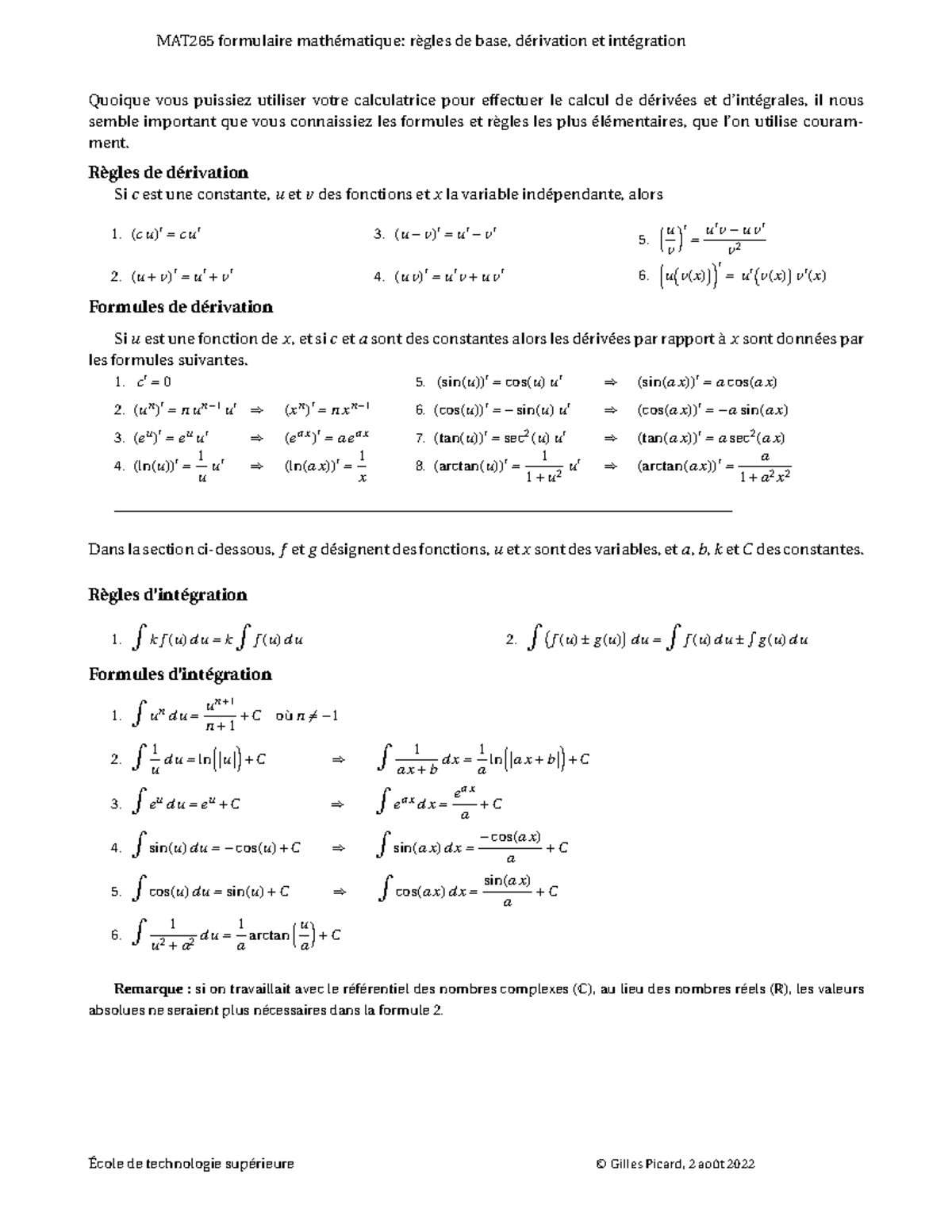 Table Derivees A 2 GP - MAT265 formulaire mathématique: règles de base ...