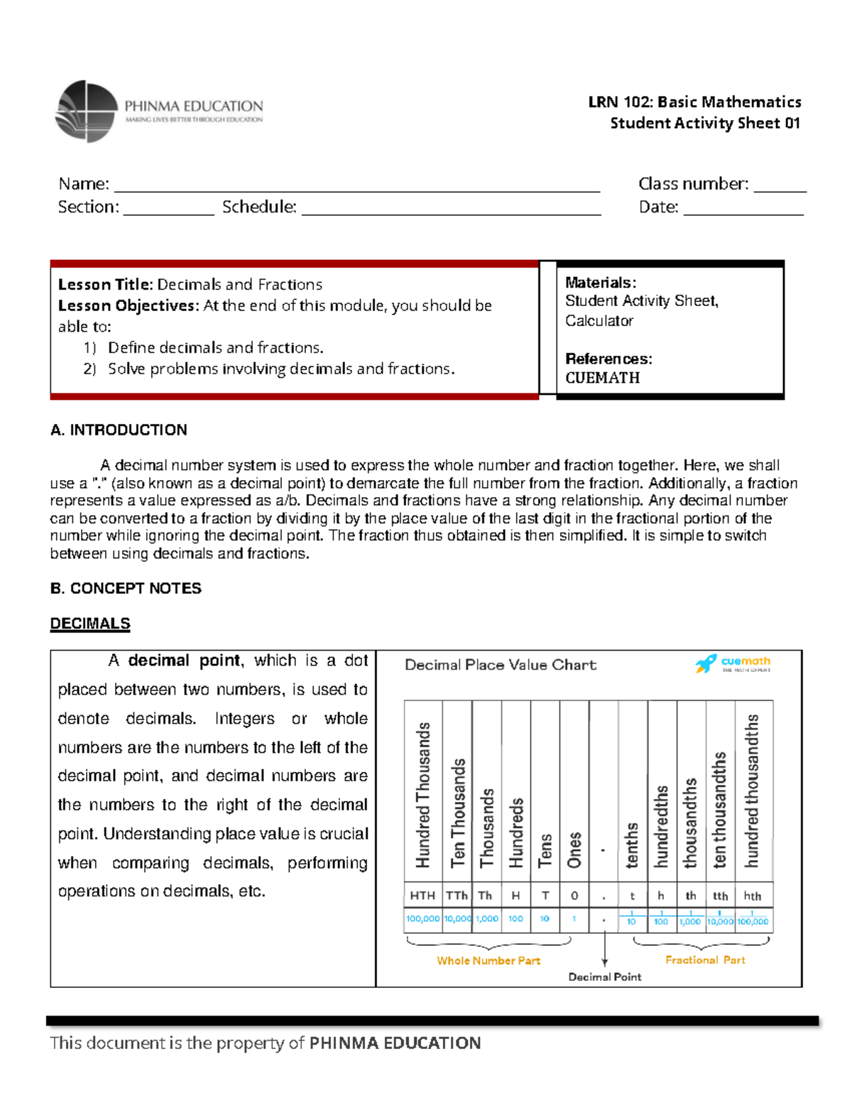 01 LRN 102 - Decimals and Fractions - Student Activity Sheet 01 Name ...