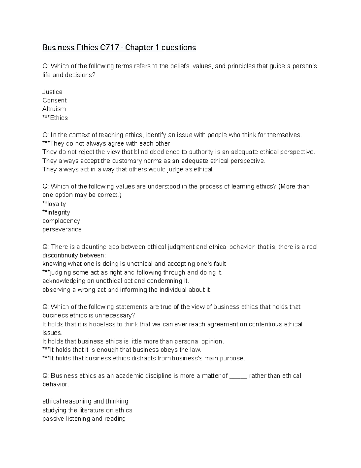 Business Ethics C717 - Chapter 1 questions - Business Ethics C717 ...