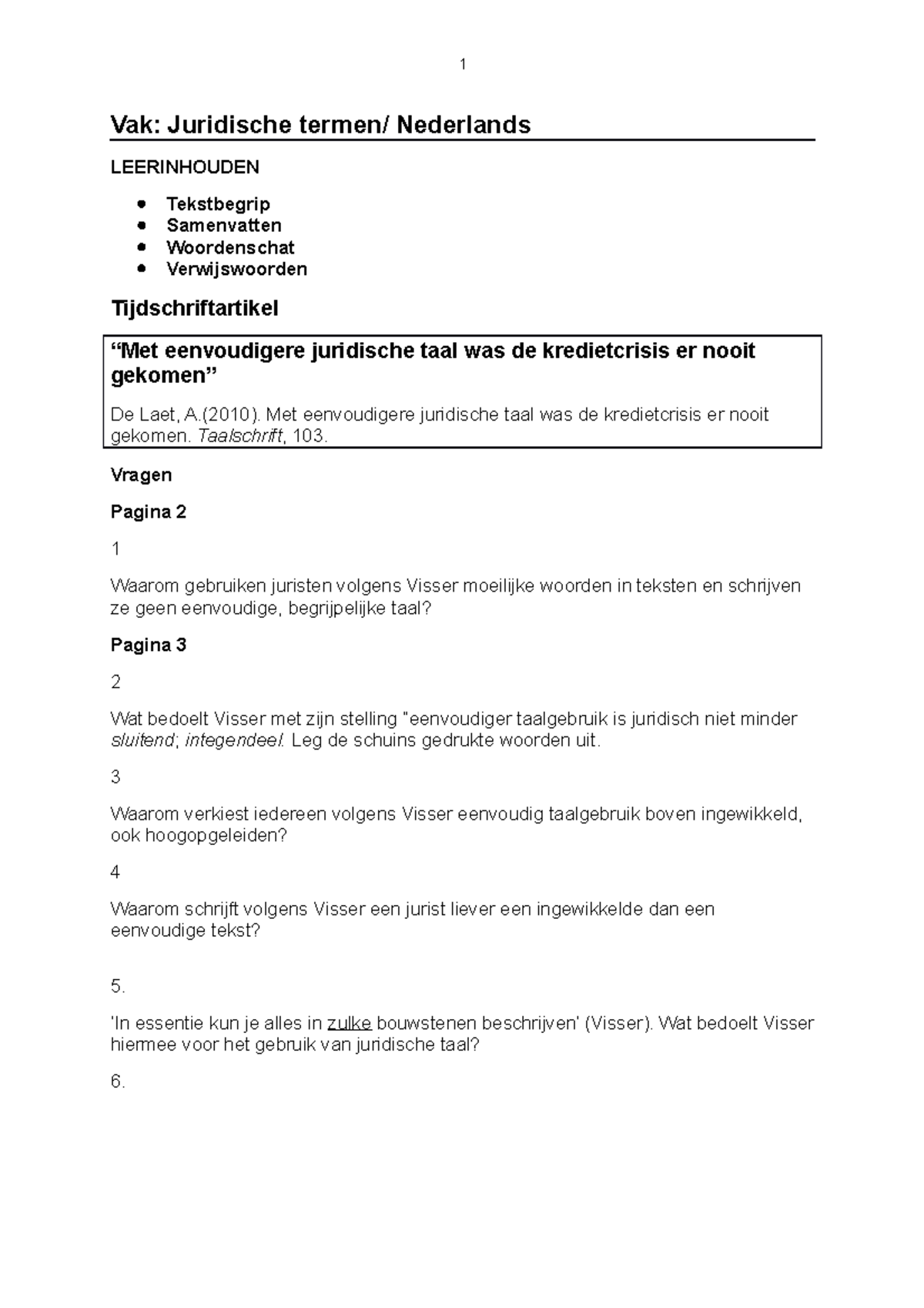 Les1 vragen artikel taalschrift 2020 - Vak: Juridische termen ...