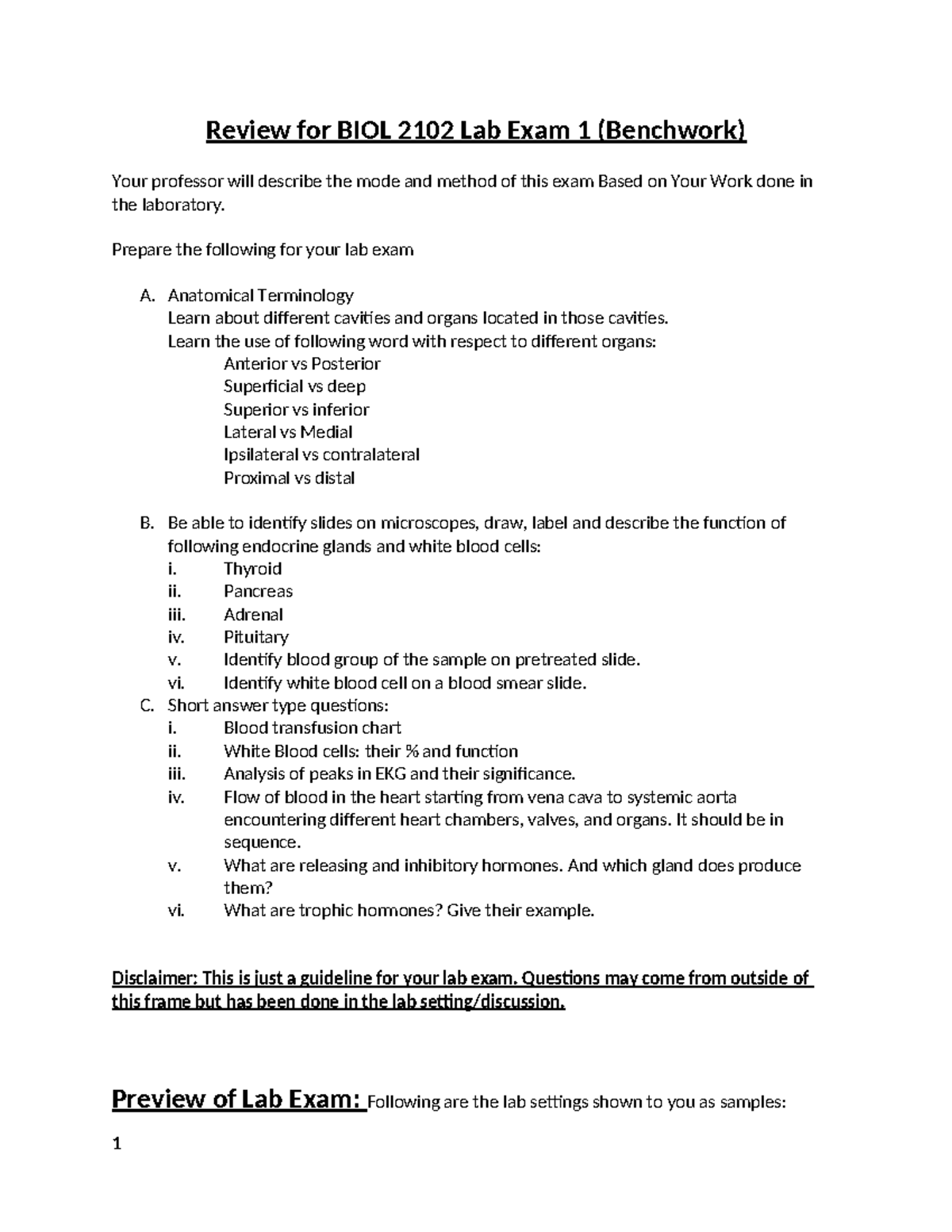 AP 2 Lab Exam 1 - Review for BIOL 2102 Lab Exam 1 (Benchwork) Your ...