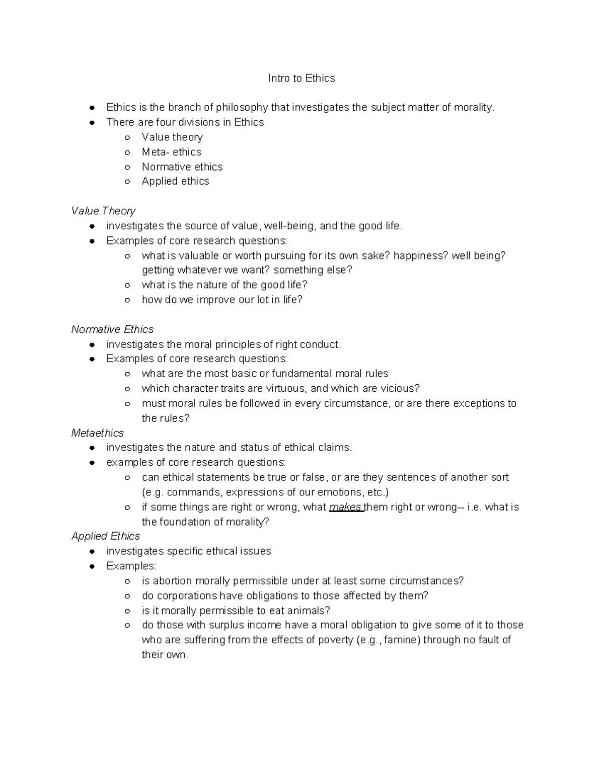 Philosopy Notes - Intro to Ethics Ethics is the branch of philosophy ...