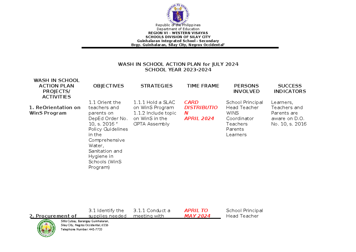 WINS Action PLAN FOR JULY Validation - Department of Education REGION ...