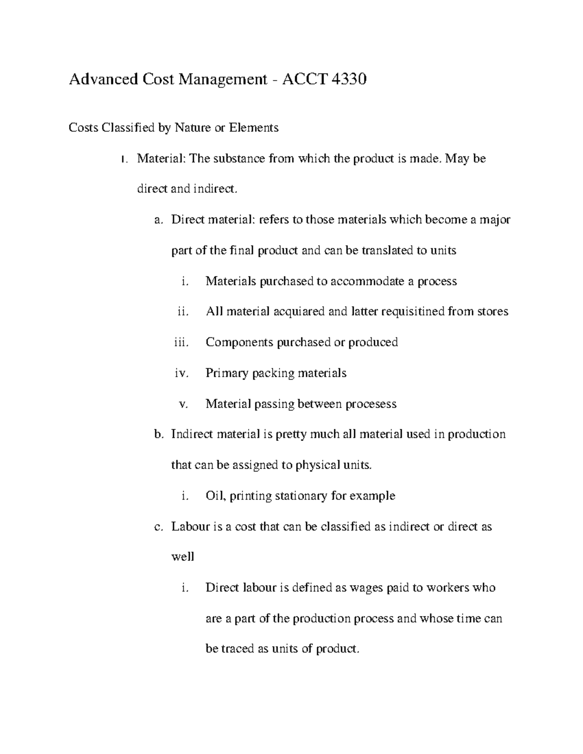 ACCT 4330 Advanced Cost Management Cost By Nature or Elements ...