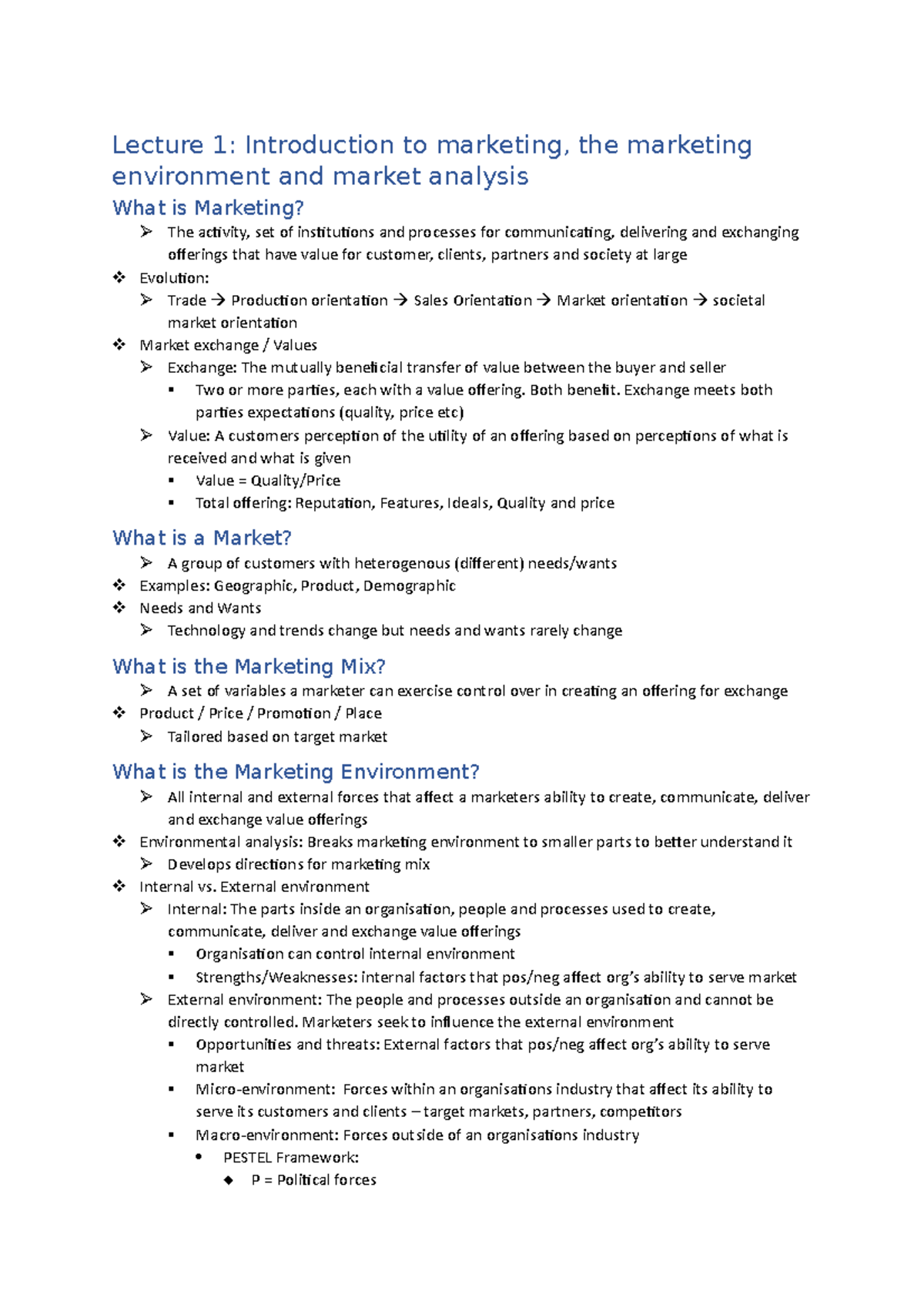 Marketing Notes Final - Lecture 1: Introduction to marketing, the ...