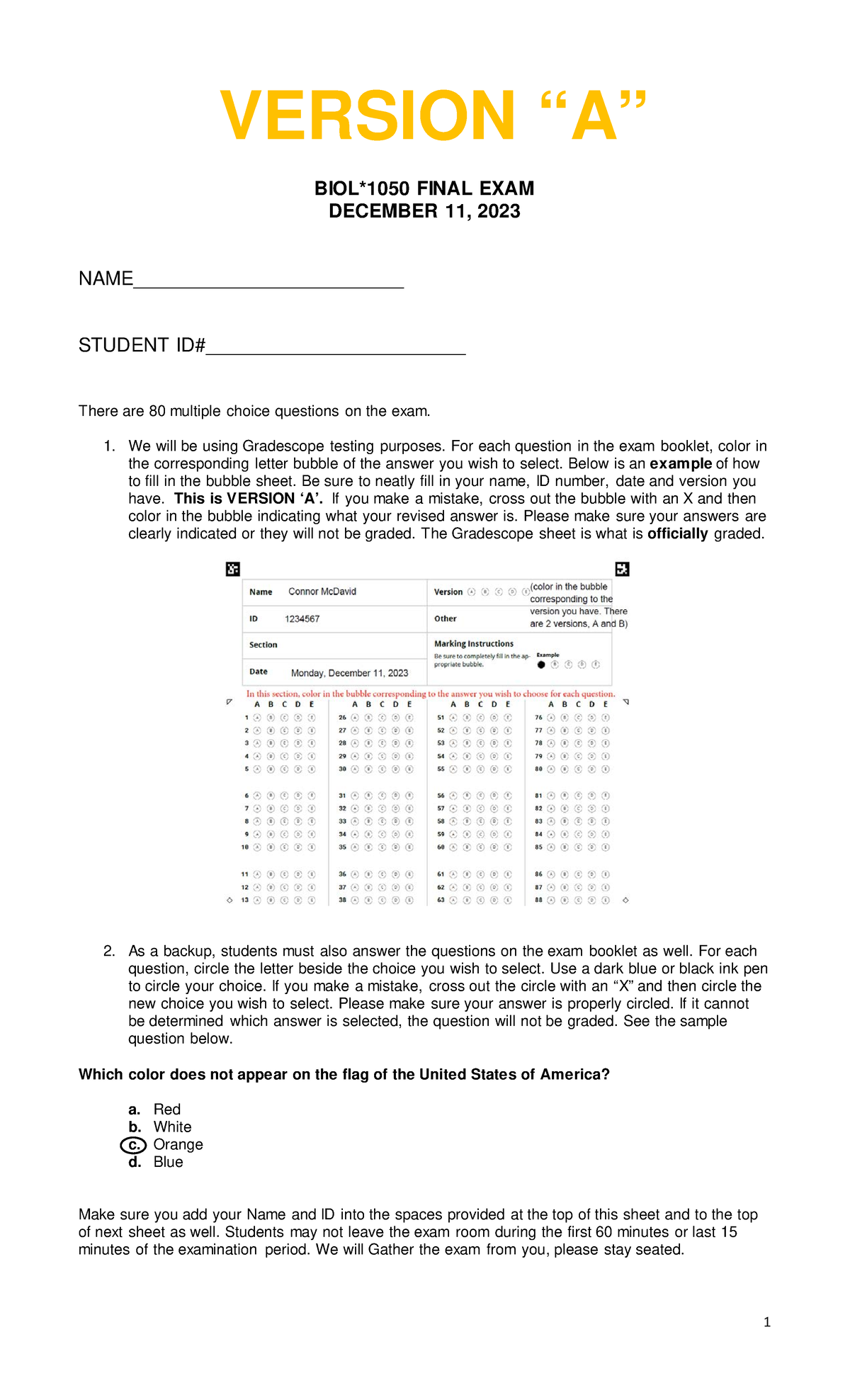 BIOL 1050 F23 Final EXAM Cover Sheet Version A - 1 VERSION “A” BIOL ...