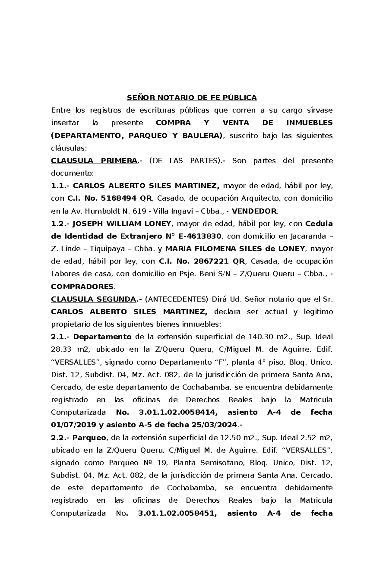 Transferencia - DEP. Parqueo Y Bulera - Alberto Siles - SEÑOR NOTARIO ...