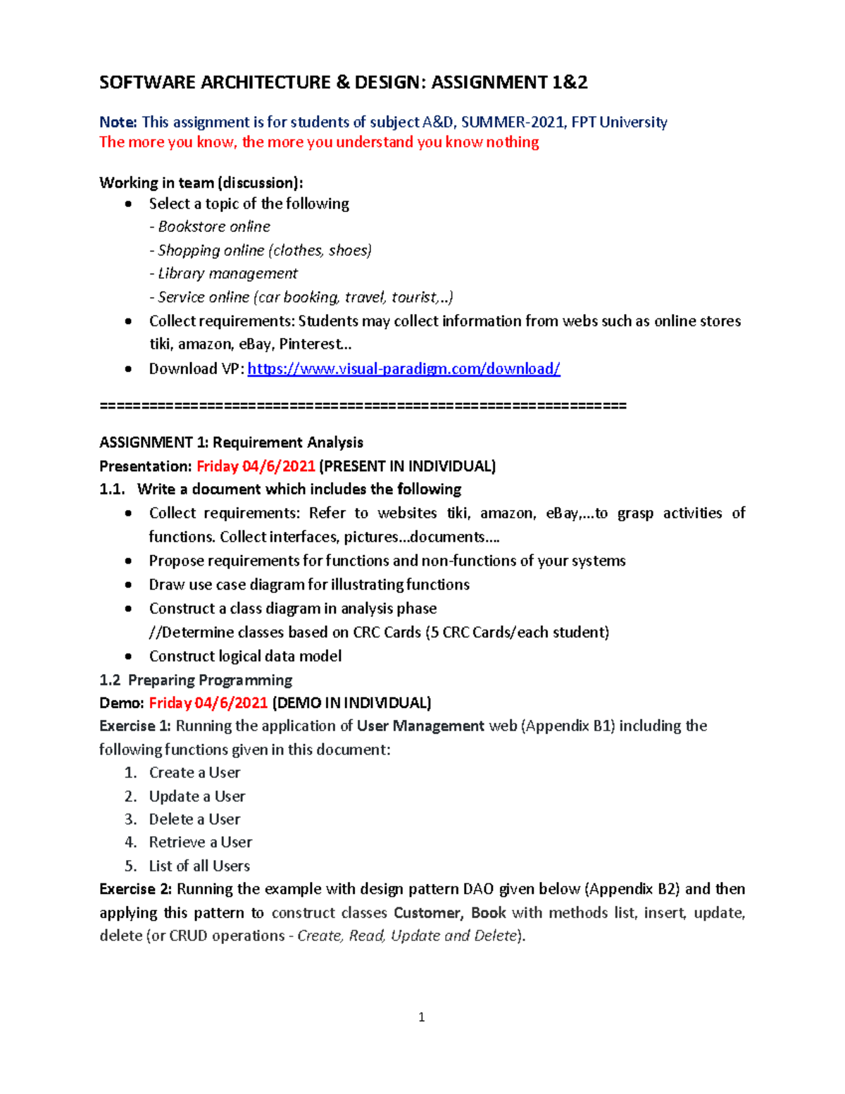AD assignment Summer 2021 - SOFTWARE ARCHITECTURE & DESIGN: ASSIGNMENT ...
