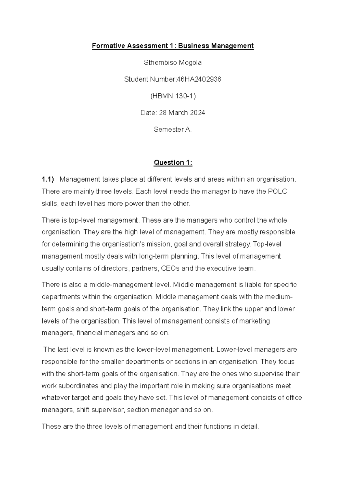 Business Management Formative Assessment 1 - Formative Assessment 1 ...