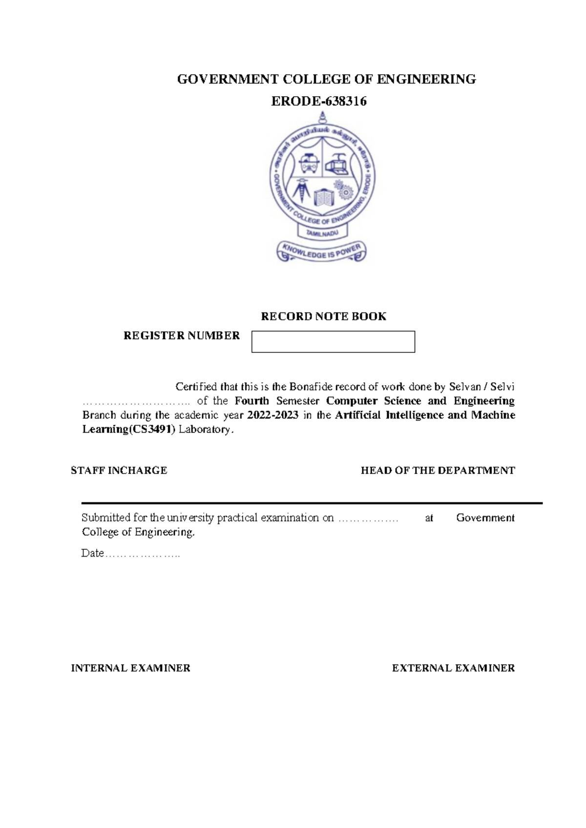 AI&ML Record - GOVERNMENT COLLEGE OF ENGINEERING ERODE- 638316 RECORD ...