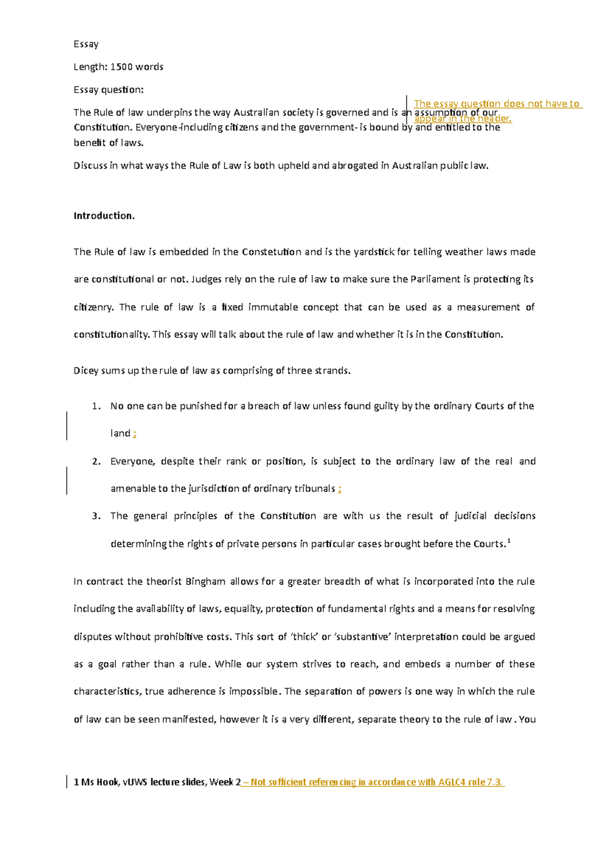 RULE OF LAW Assessment 2 - The essay question does not have to appear ...