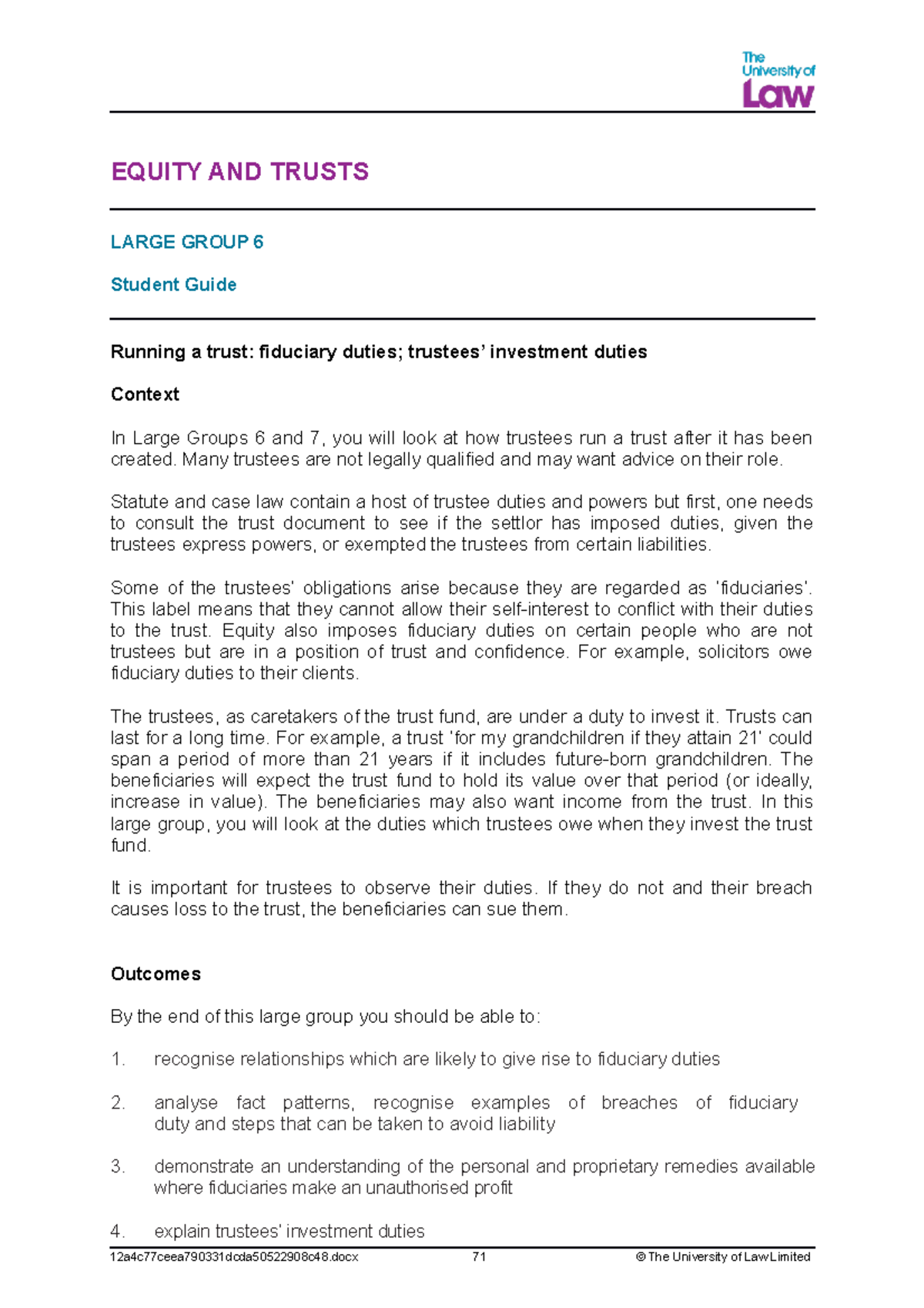 U6 - Fiduciary and Trustee Duties (Student Guide) - EQUITY AND TRUSTS LARGE GROUP 6 Student ...