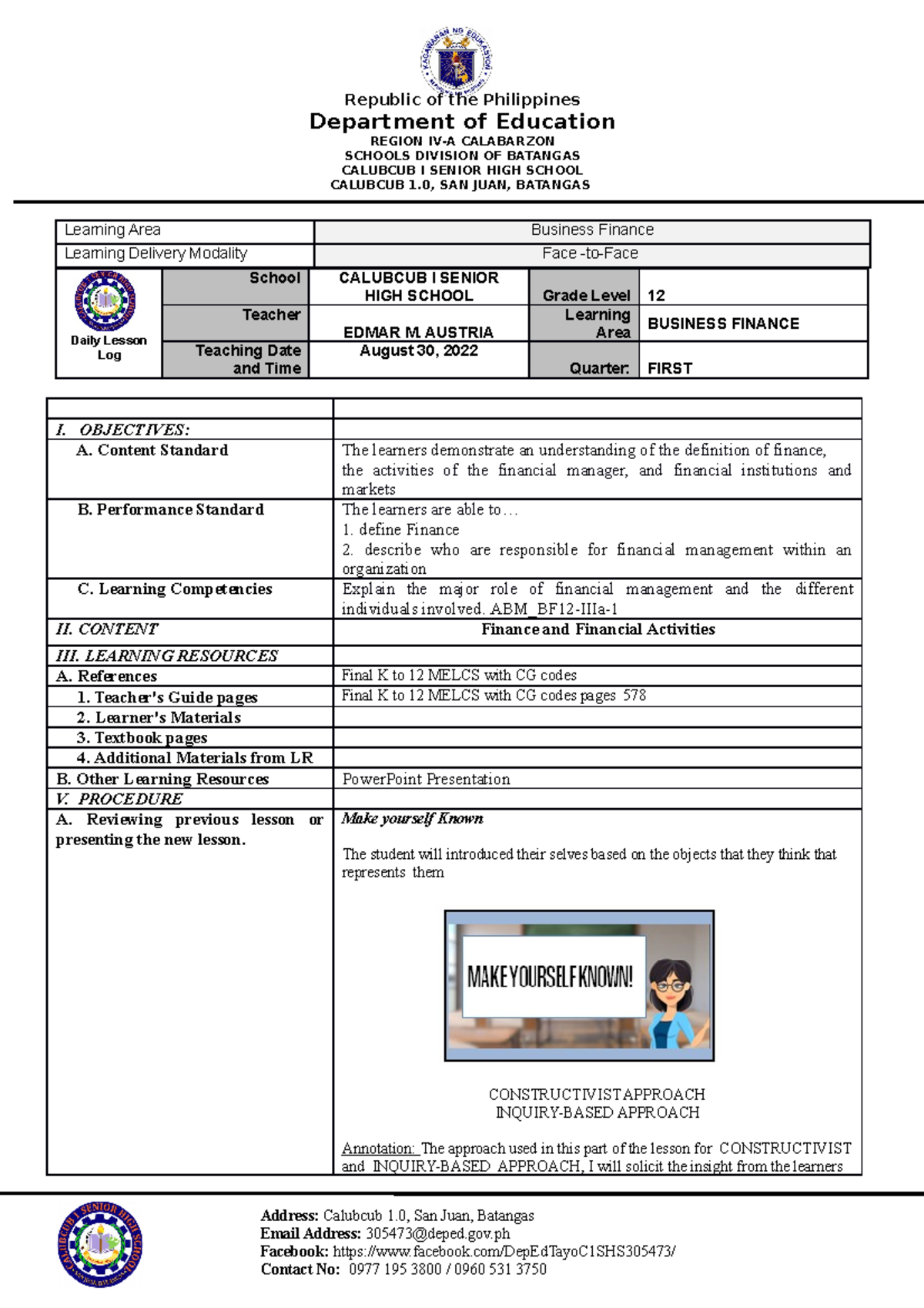 August 30,2022 - Lesson Plan on business Finance - Department of ...