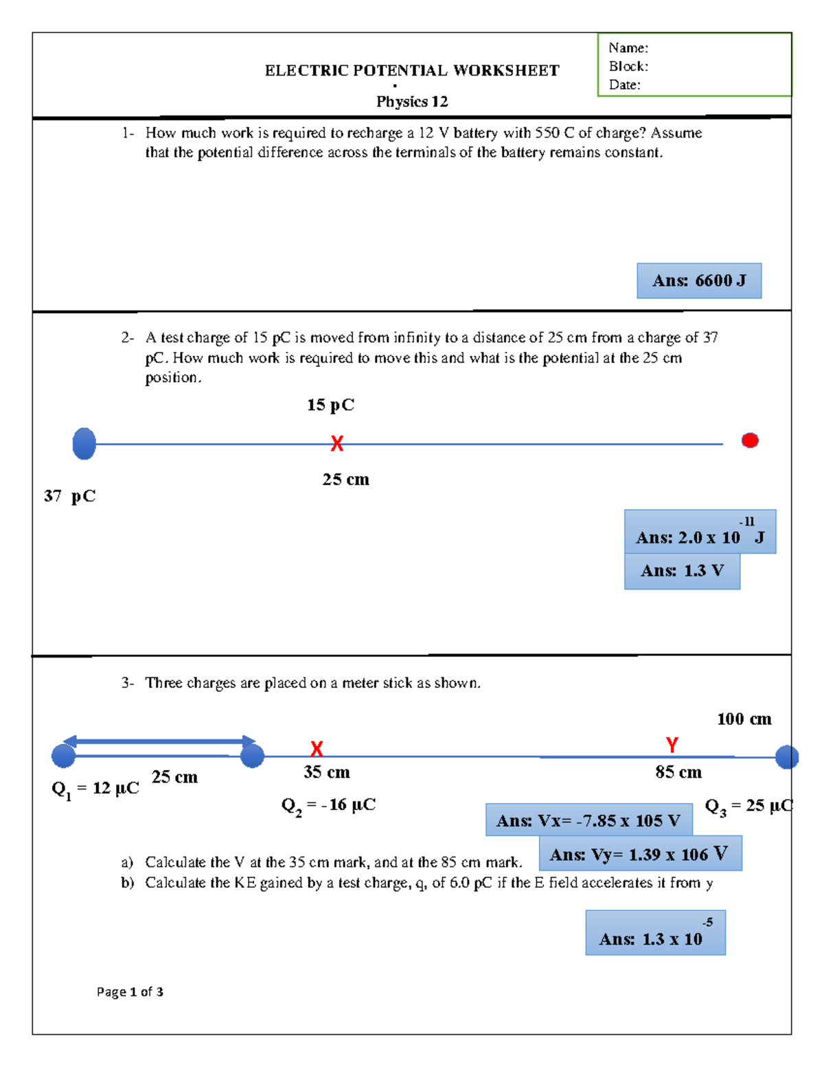 Electric Potential Worksheet (power point) w - ####### Page 1 of 3 Ans: Vy= 1 x 10 6 V ELECTRIC ...