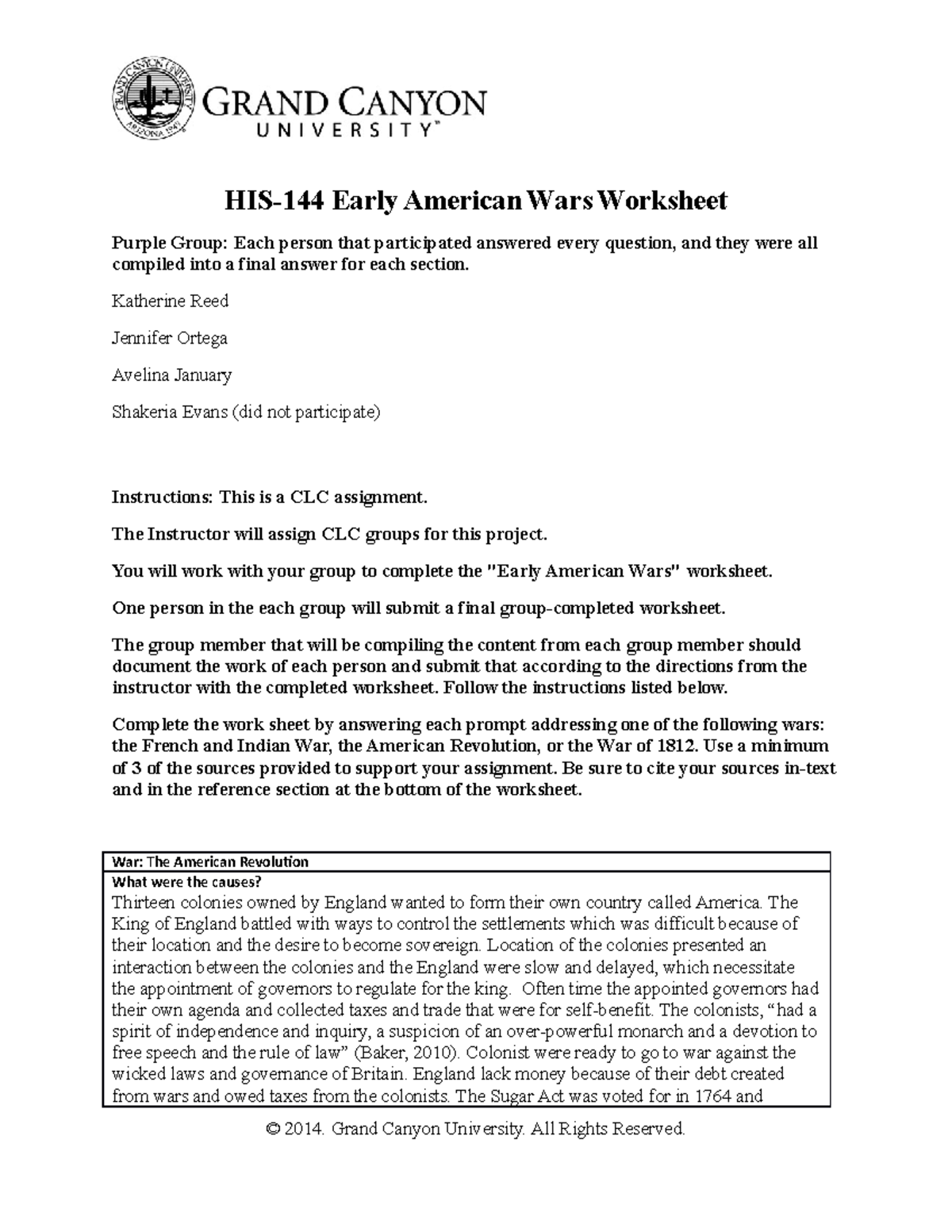 Purple Group-HIS-144 CLC Early American Wars Worksheet - HIS-144 - GCU ...