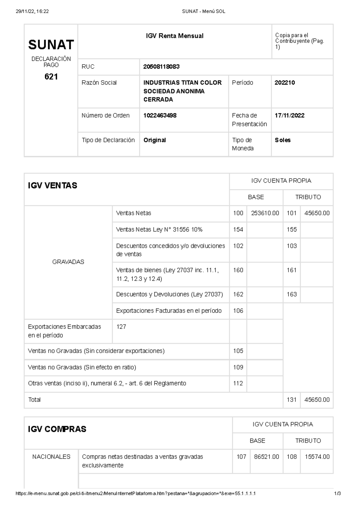 PDT 621 Octubre - TE AYUDA - 29/11/22, 16:22 SUNAT - Menú SOL - Studocu