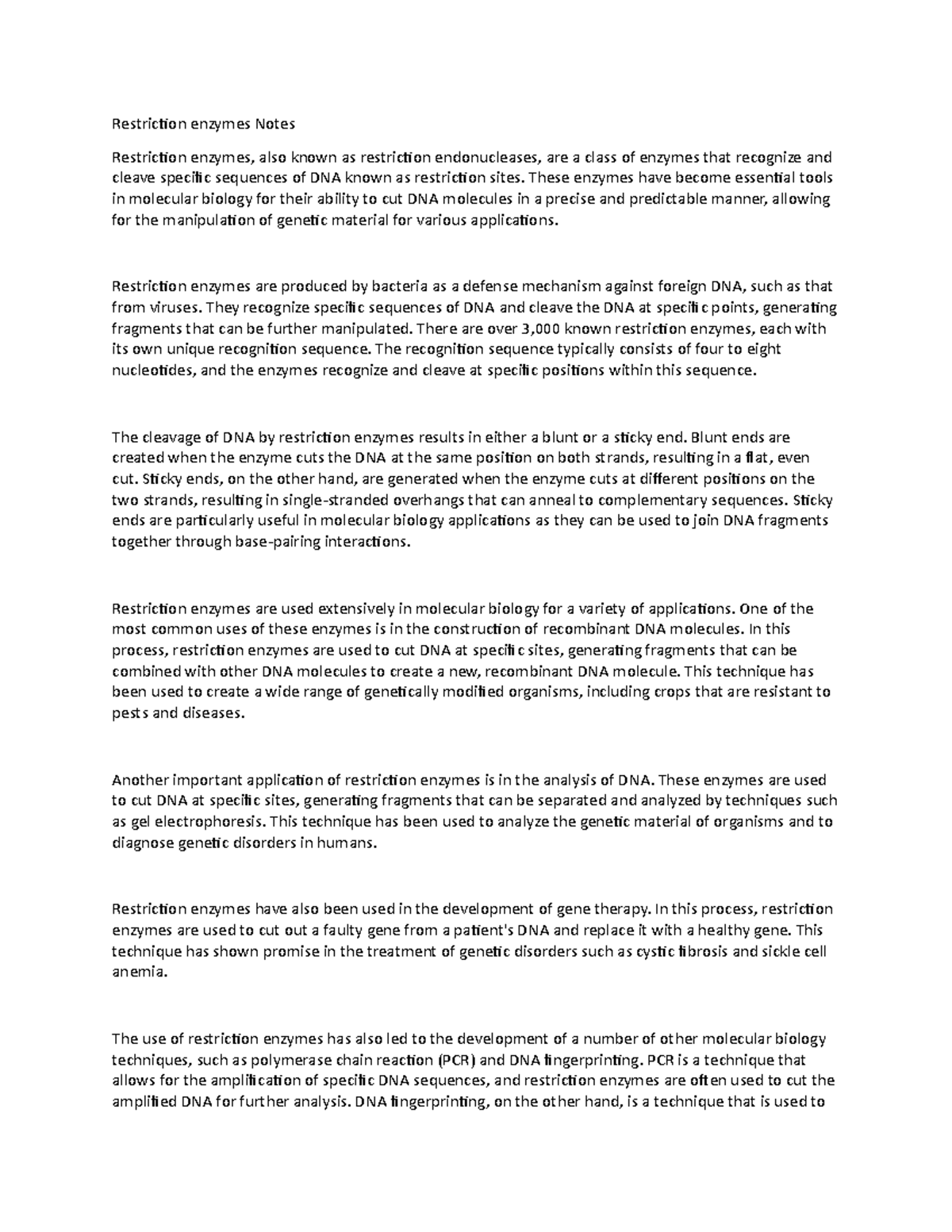 Restriction enzymes Notes - Restriction enzymes Notes Restriction ...