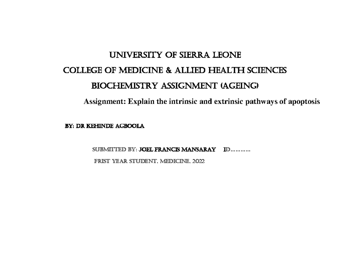 Joel Biochemistry Assignment - University of Sierra Leone College of ...