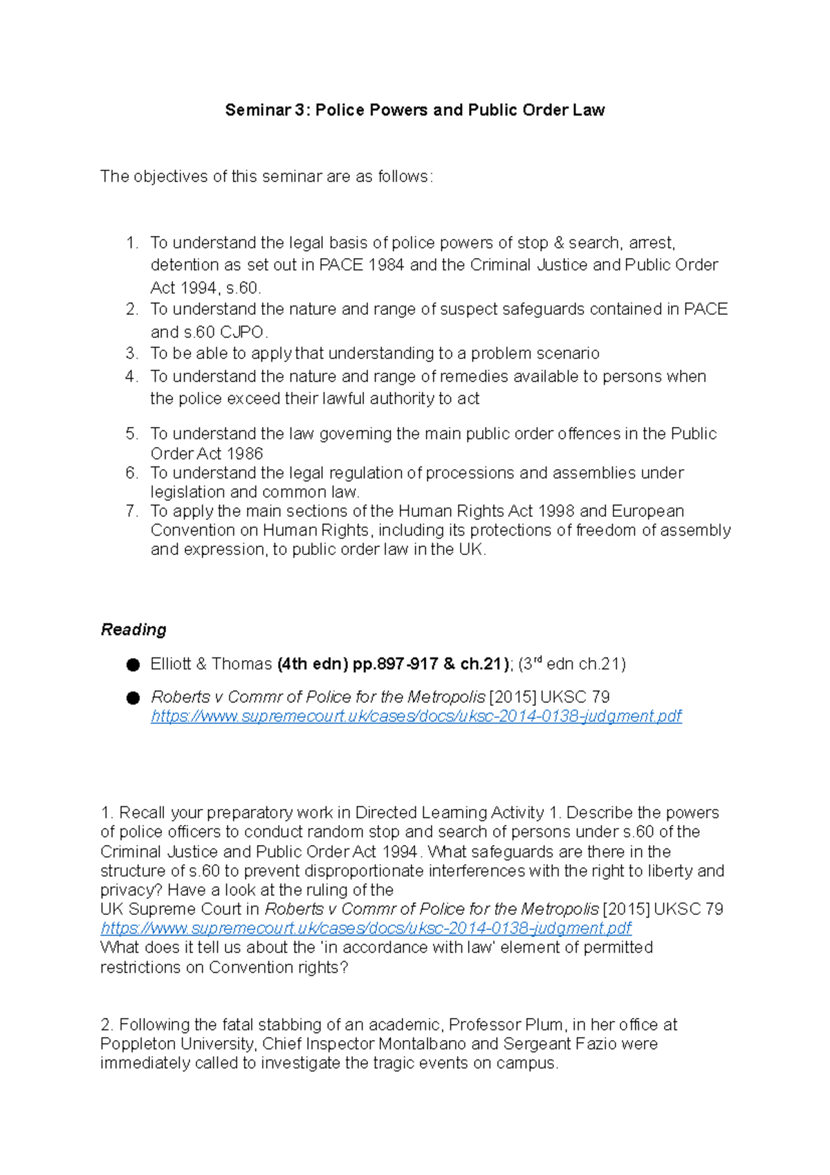 Police powers seminar final (3) - Seminar 3: Police Powers and Public ...