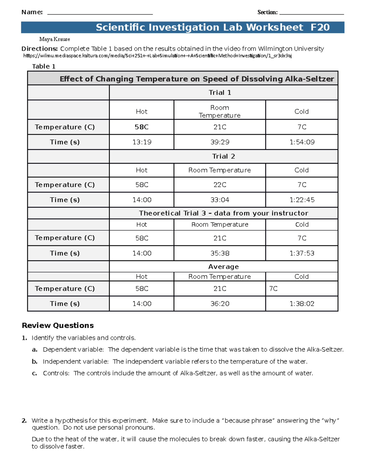 BIO-181L - Scientific Investigation Lab Worksheet - Maya Krause - Maya ...