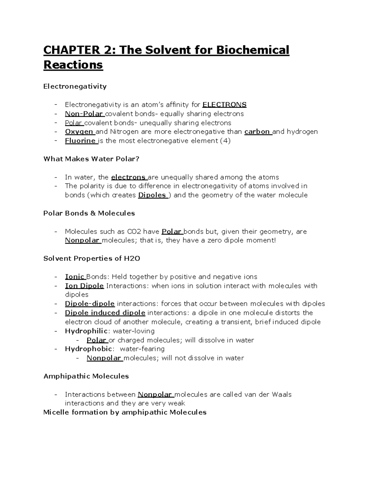 Biochemistry Notes - Chapter 2-4 - CHAPTER 2: The Solvent for ...