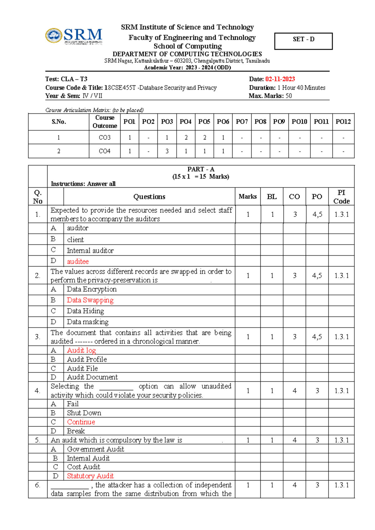 Ct 3 Templae D Answer Key Srm Institute Of Science And Technology Faculty Of Engineering And