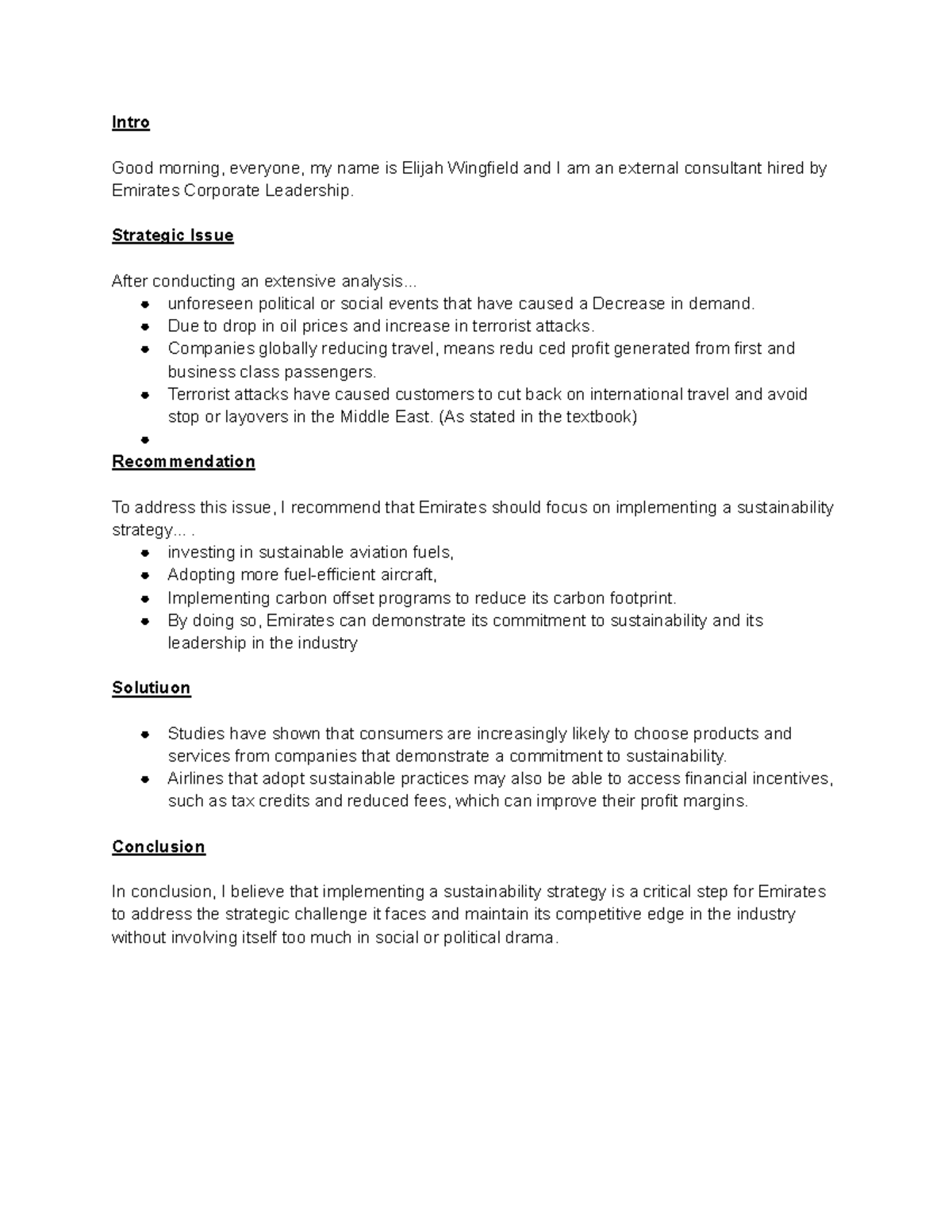 Emirates presentation - Intro Good morning, everyone, my name is Elijah ...