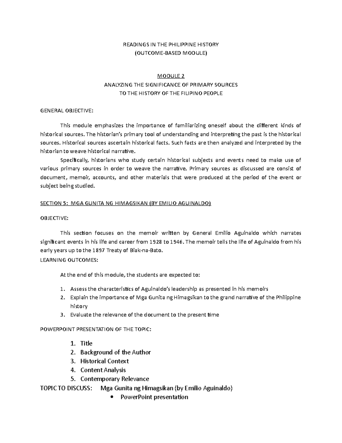 Module 2 Section 5 Objective and Home Activities - READINGS IN THE ...