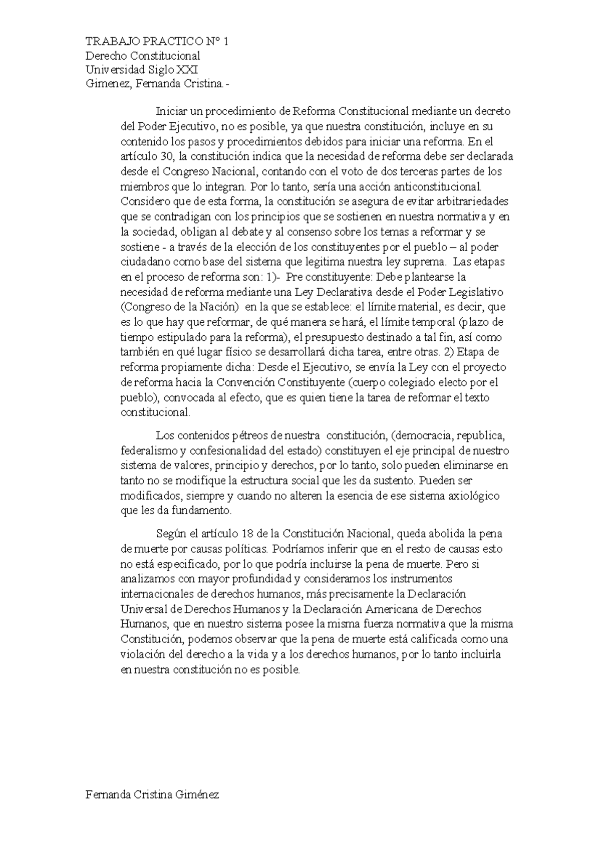 TP 1 - TP 1 aprobado con nota 8 - TRABAJO PRACTICO N° 1 Derecho Constitucional Universidad Siglo ...