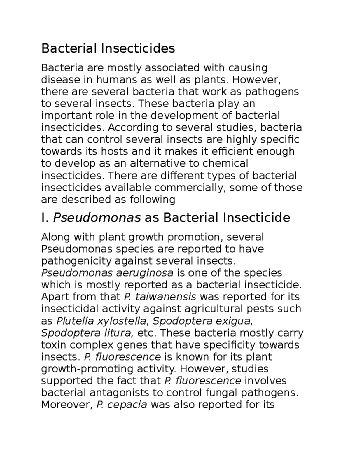 Bio 22 - Notes - Bacterial Insecticides Bacteria are mostly associated ...