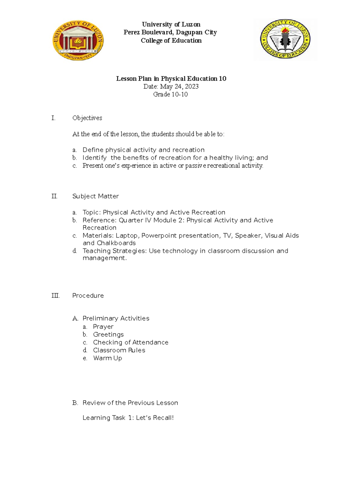 Lesson-Plan-in-Physical-Education-10 - University of Luzon Perez ...